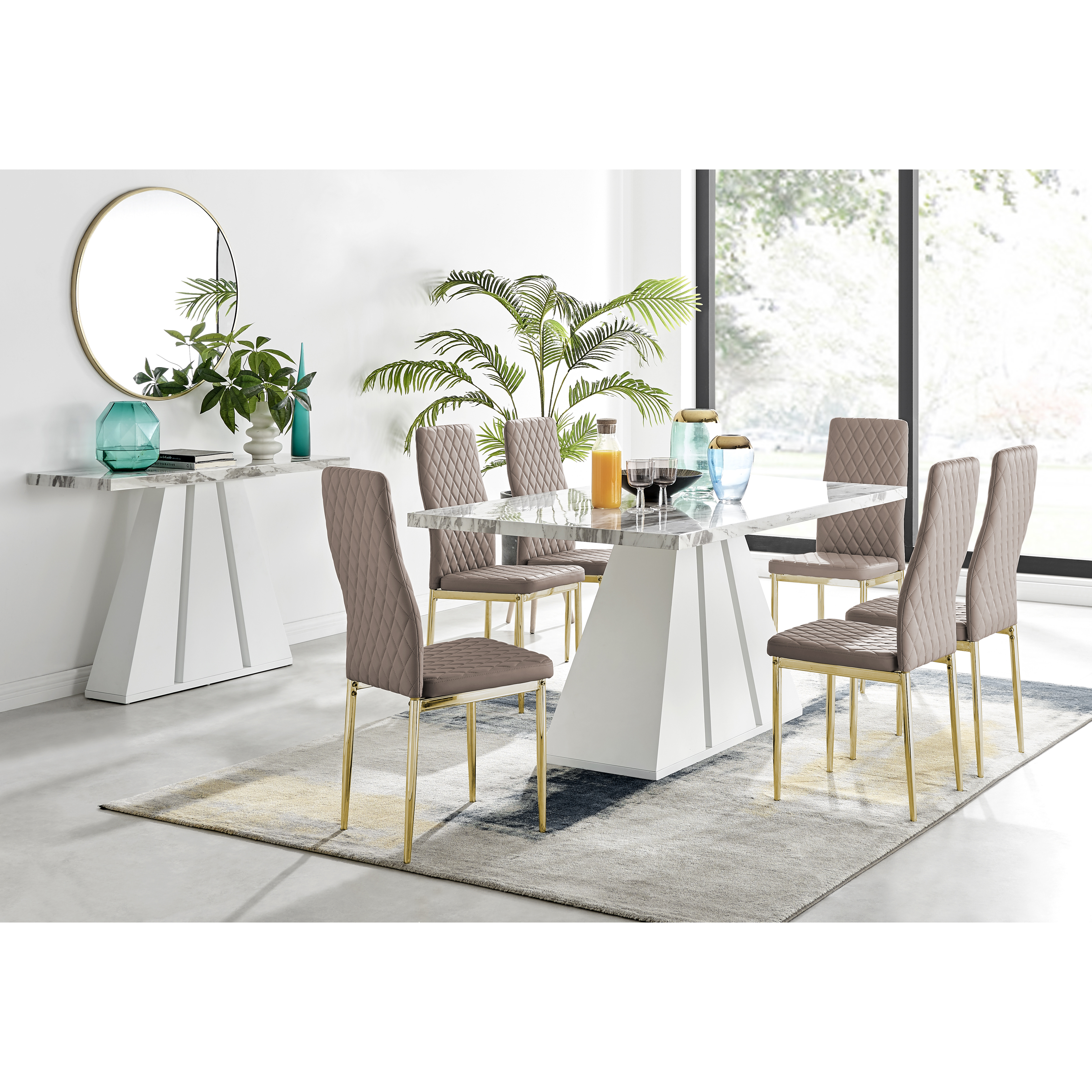 Athens White Marble Effect Dining Table & 6 Milan Gold Leg Chairs by ...