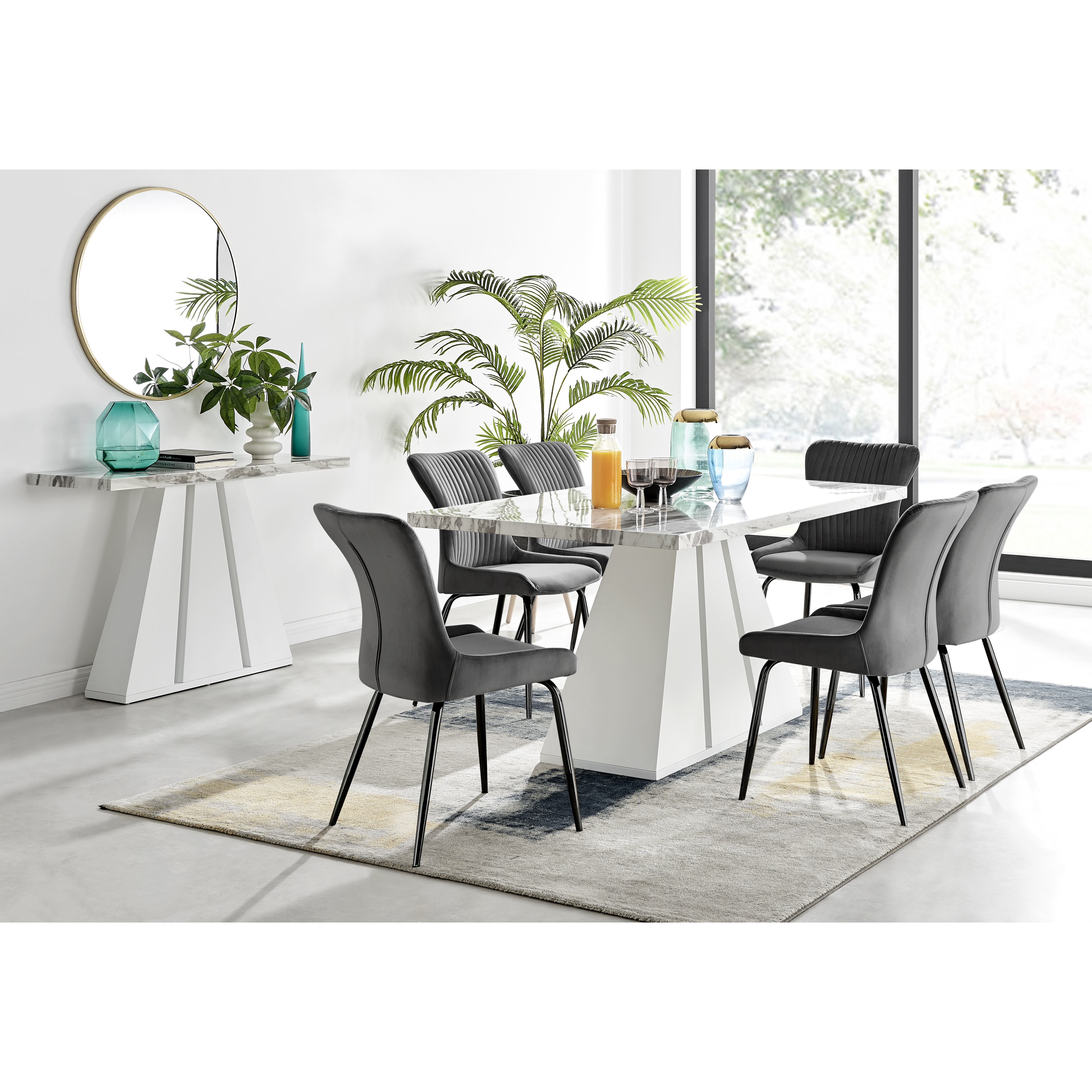 Athens White Marble Dining Table & 6 Nora Black Leg Chairs by ...