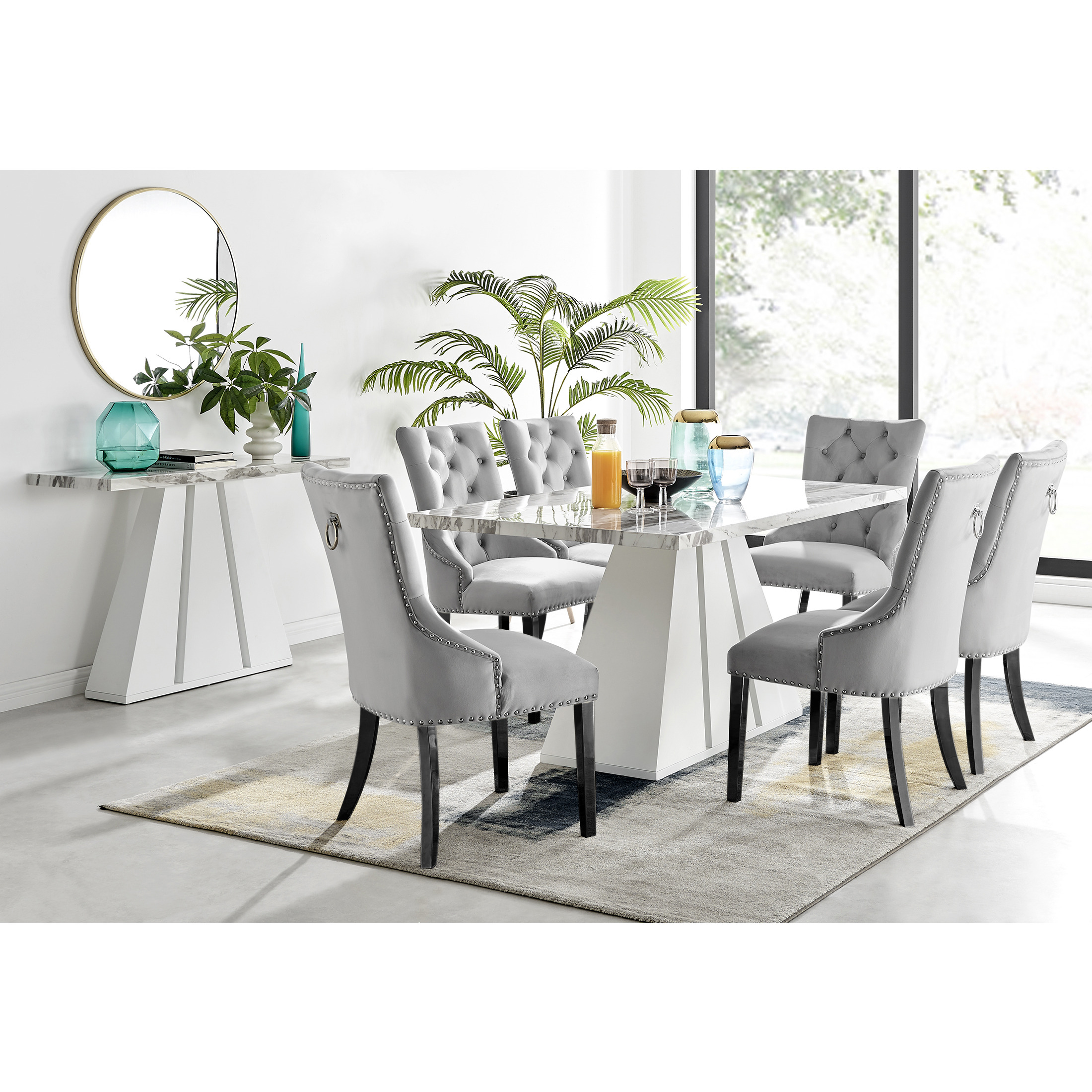 Athens White Marble Effect Dining Table & 6 Belgravia Black Leg Chairs ...