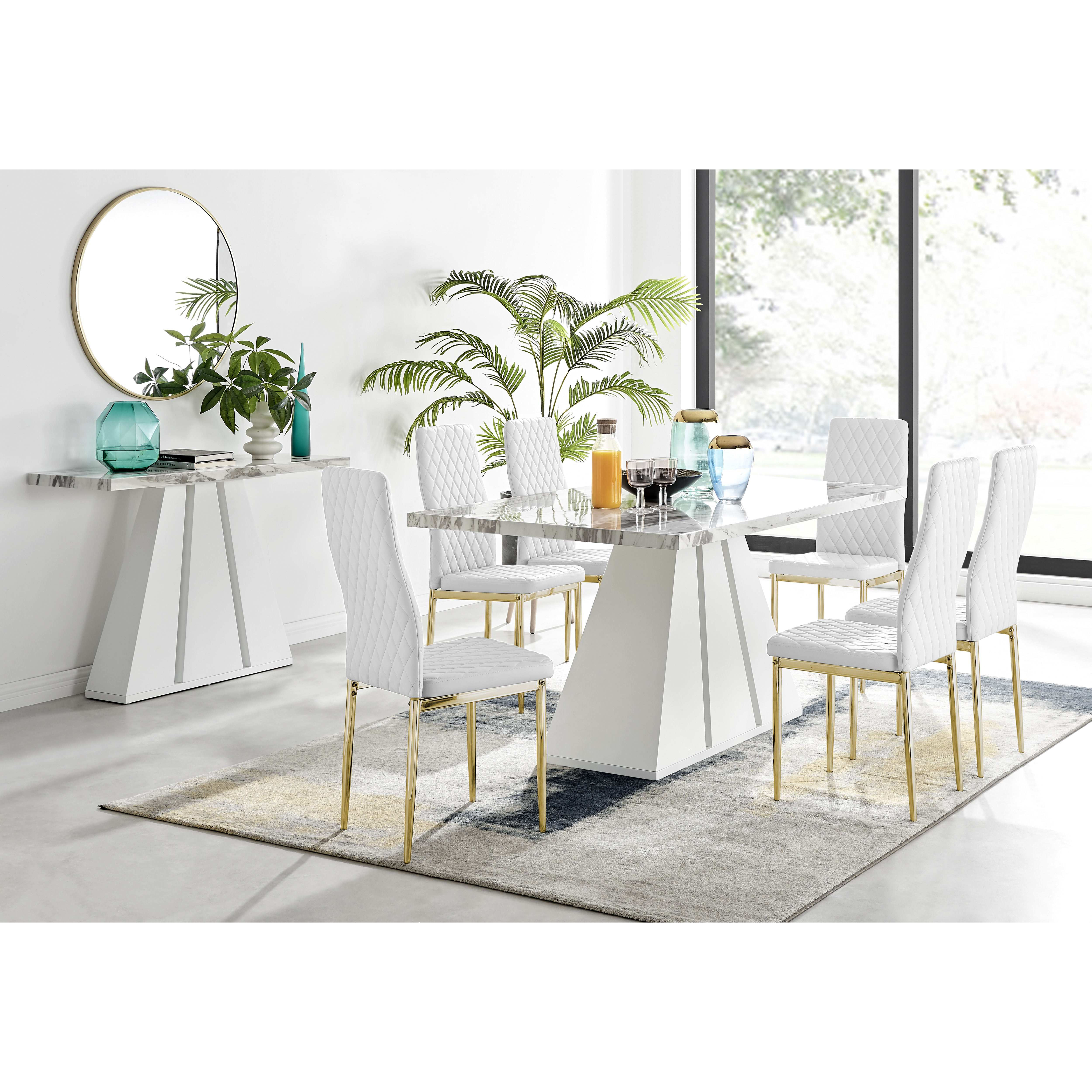 Athens White Marble Effect Dining Table & 6 Milan Gold Leg Chairs by ...