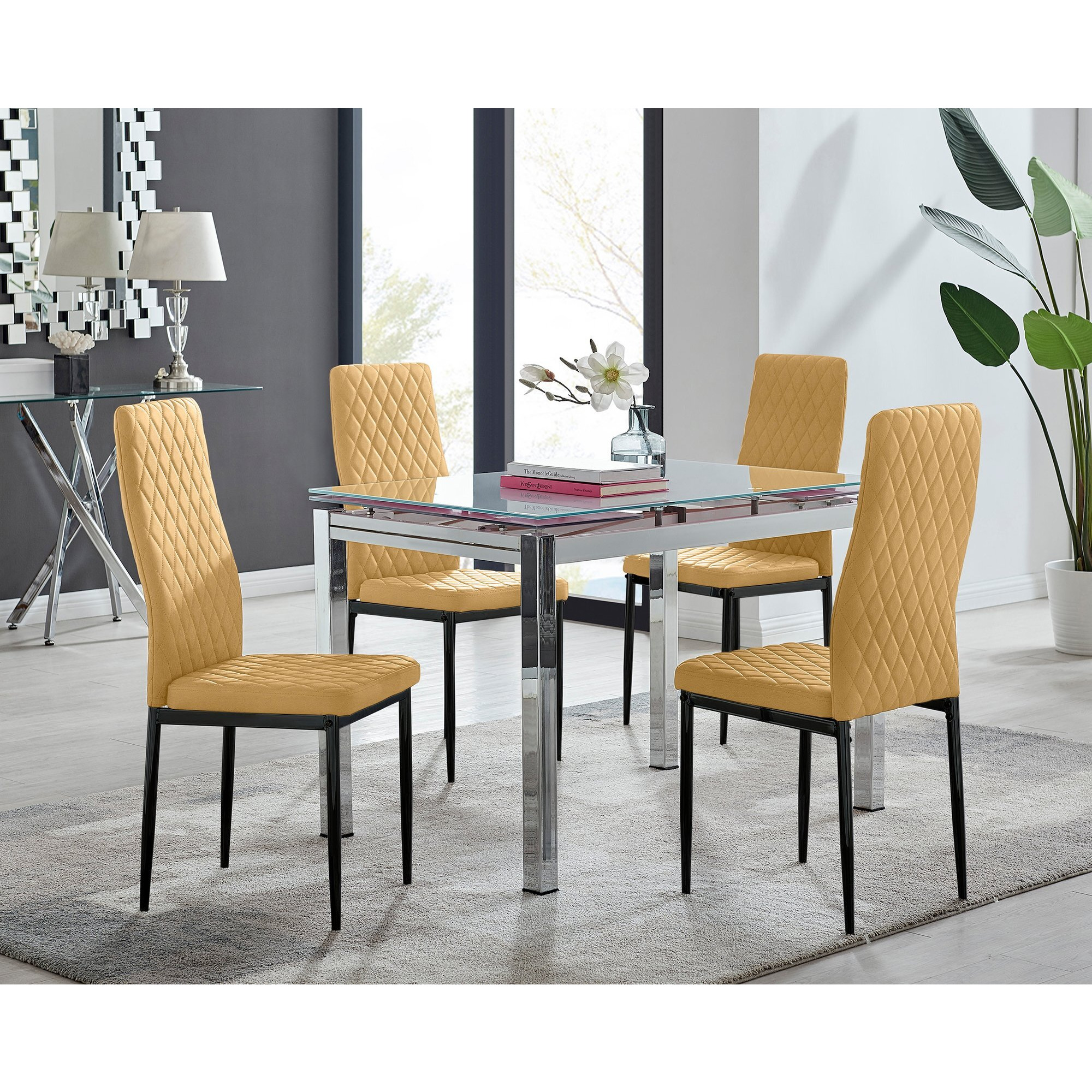 Enna White Glass Extending Dining Table and 4 Velvet Milan Black Leg ...