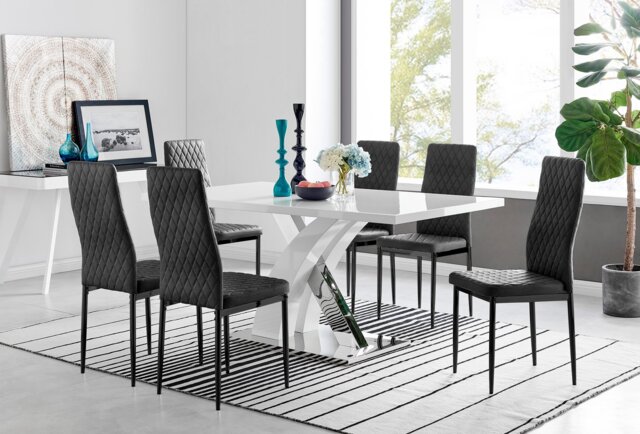 Atlanta 6 White Dining Table and 6 Velvet Milan Black Leg Chairs by ...