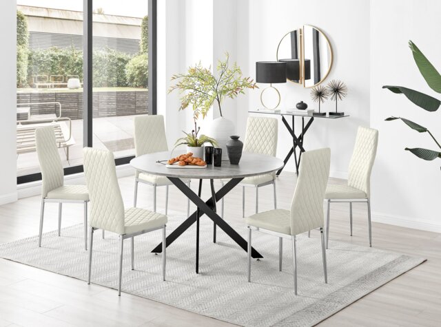 Novara Grey Concrete Effect Black Leg 120cm Round Dining Table & 6 ...