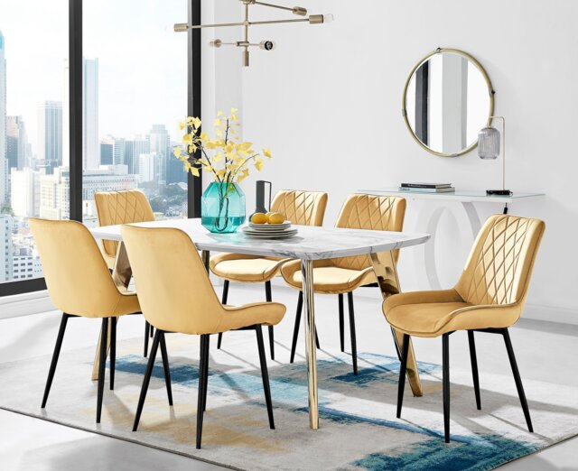 Andria Gold Leg Marble Effect Dining Table and 6 Pesaro Black Leg ...