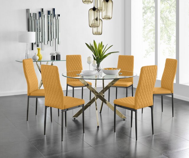 Novara 120cm Gold Round Dining Table and 6 Velvet Milan Black Leg ...
