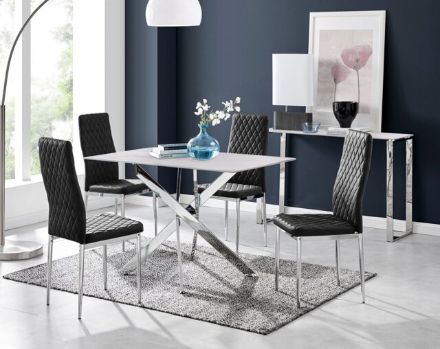 Leonardo White Glass Marble Effect Silver Leg Table & 4 Velvet Milan ...
