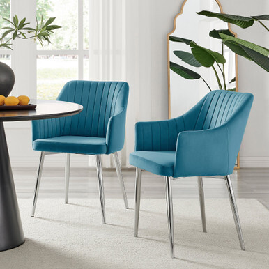 2x Calla Blue Velvet Dining Chairs with Silver Legs by FurnitureBox ...