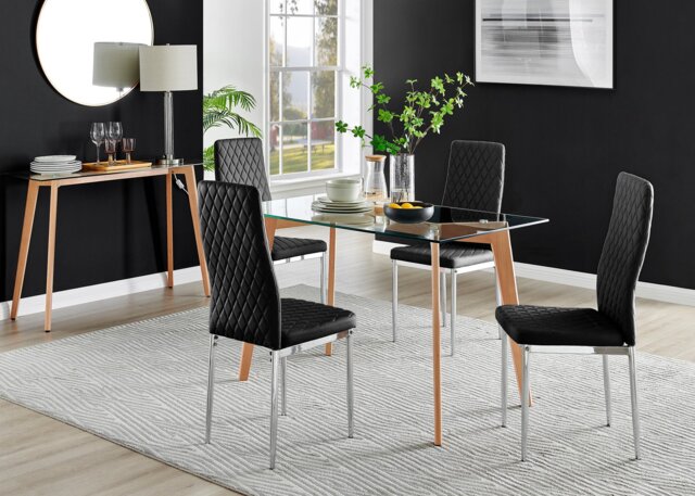Malmo Glass and Wooden Leg Dining Table & 4 Velvet Milan Chairs by FurnitureBox | ufurnish.com