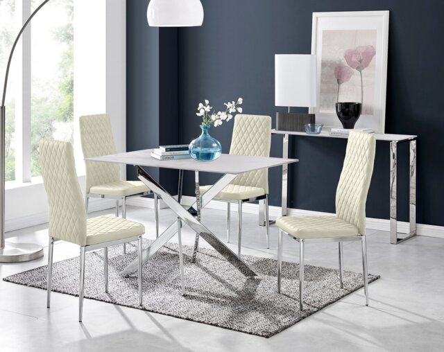 Leonardo White Glass Marble Effect Silver Leg Table & 4 Velvet Milan ...