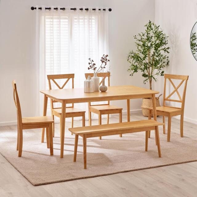 Lynton Large Oak Effect Solid Wood Dining Table with 4 Millford Chairs & Bench by FurnitureBox ...