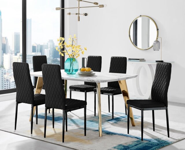 Andria Gold Leg Marble Effect Dining Table and 6 Velvet Milan Black Leg ...