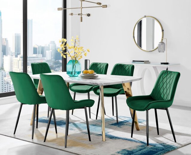 Andria Gold Leg Marble Effect Dining Table and 6 Pesaro Black Leg ...