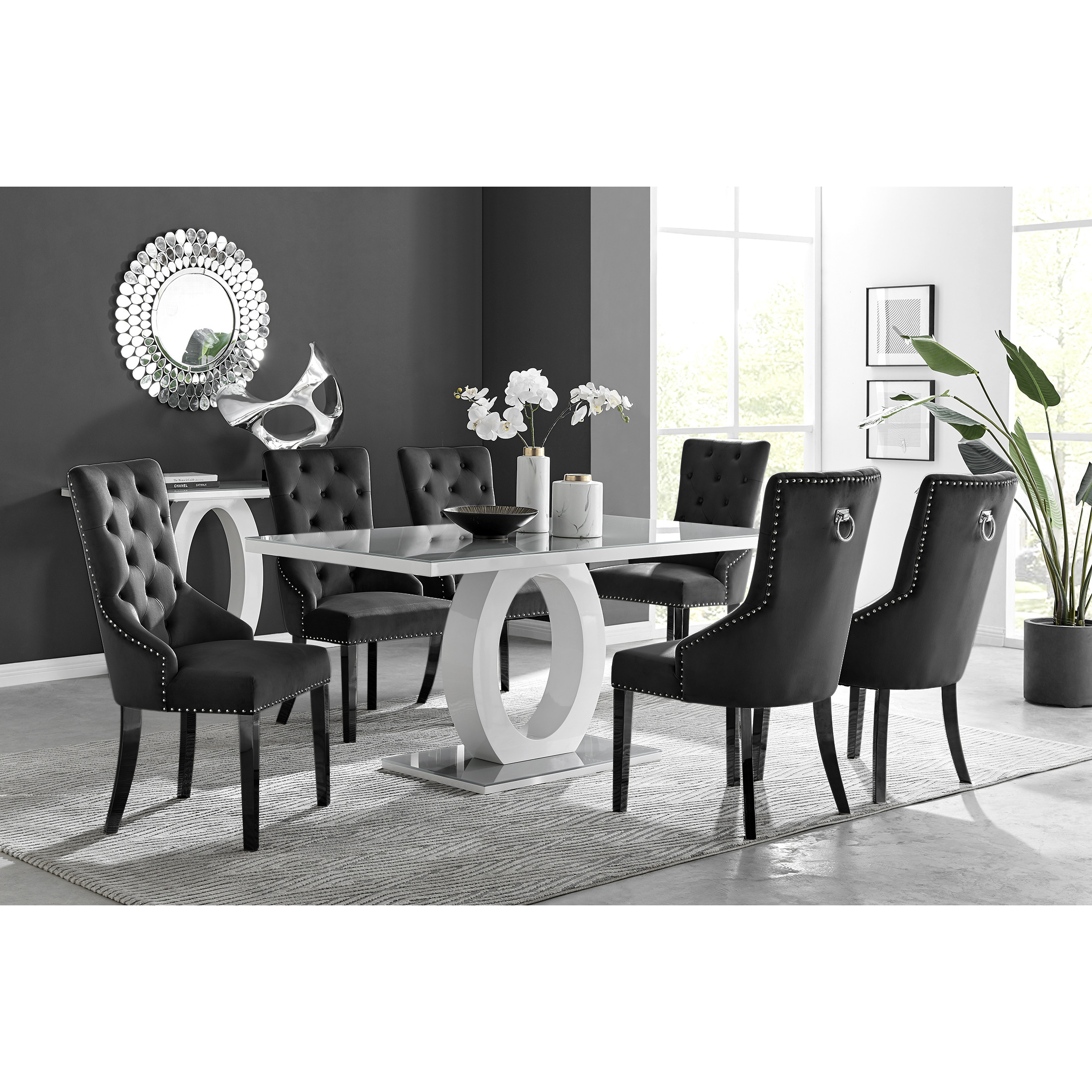 Giovani 6 Grey Dining Table & 6 Belgravia Black Leg Chairs by ...