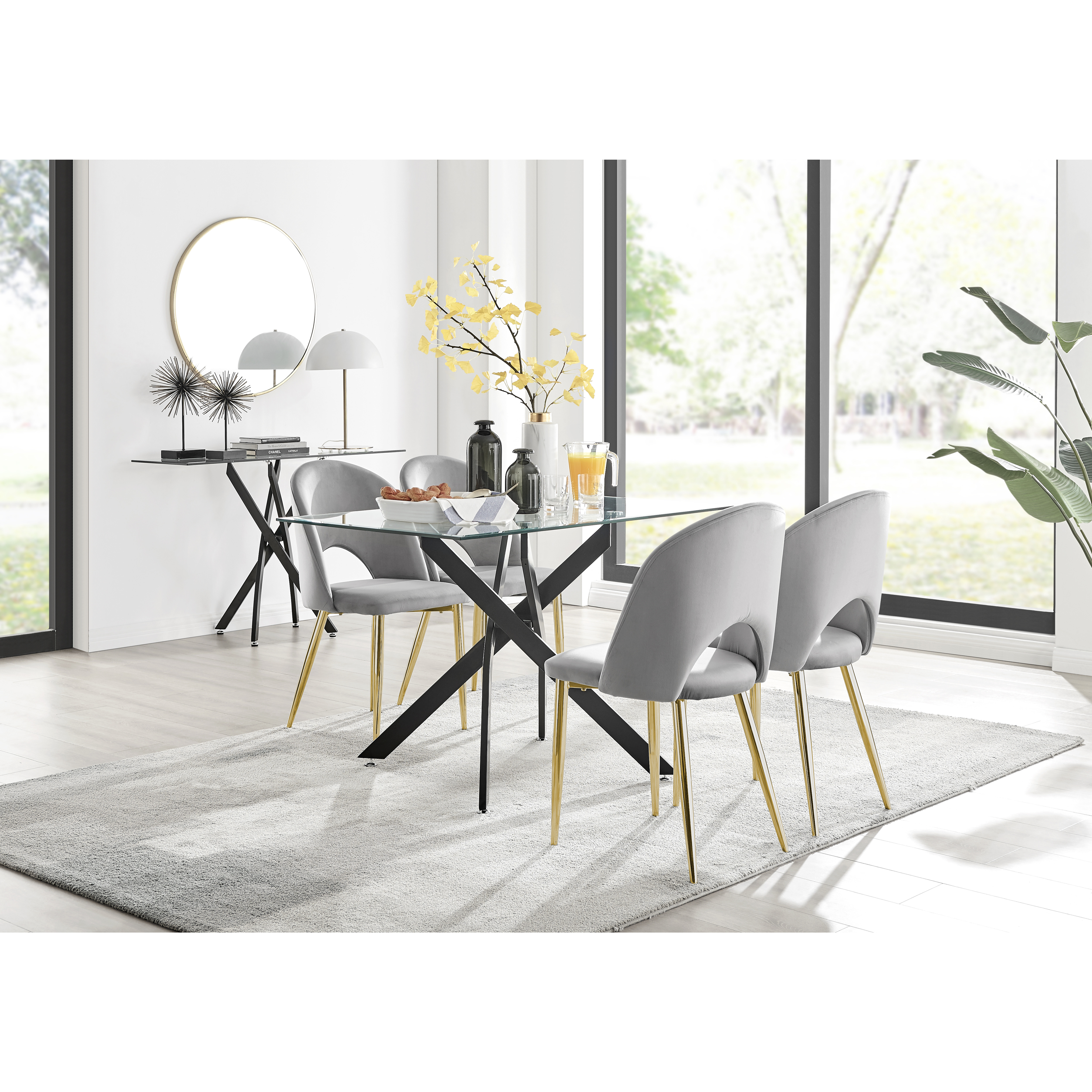 Leonardo Black Leg Glass Dining Table & 4 Arlon Gold Leg Chairs by ...