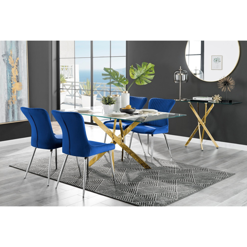 Leonardo Gold Leg Glass Dining Table & 4 Nora Silver Leg Chairs by ...