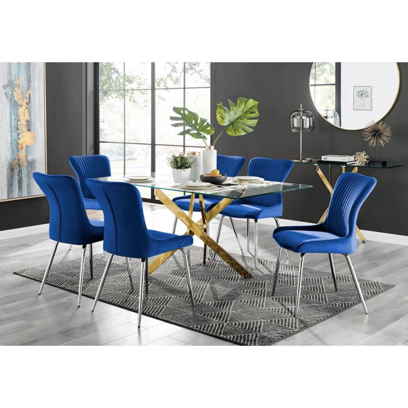 Leonardo Gold Leg Glass Dining Table & 6 Nora Silver Leg Chairs by ...