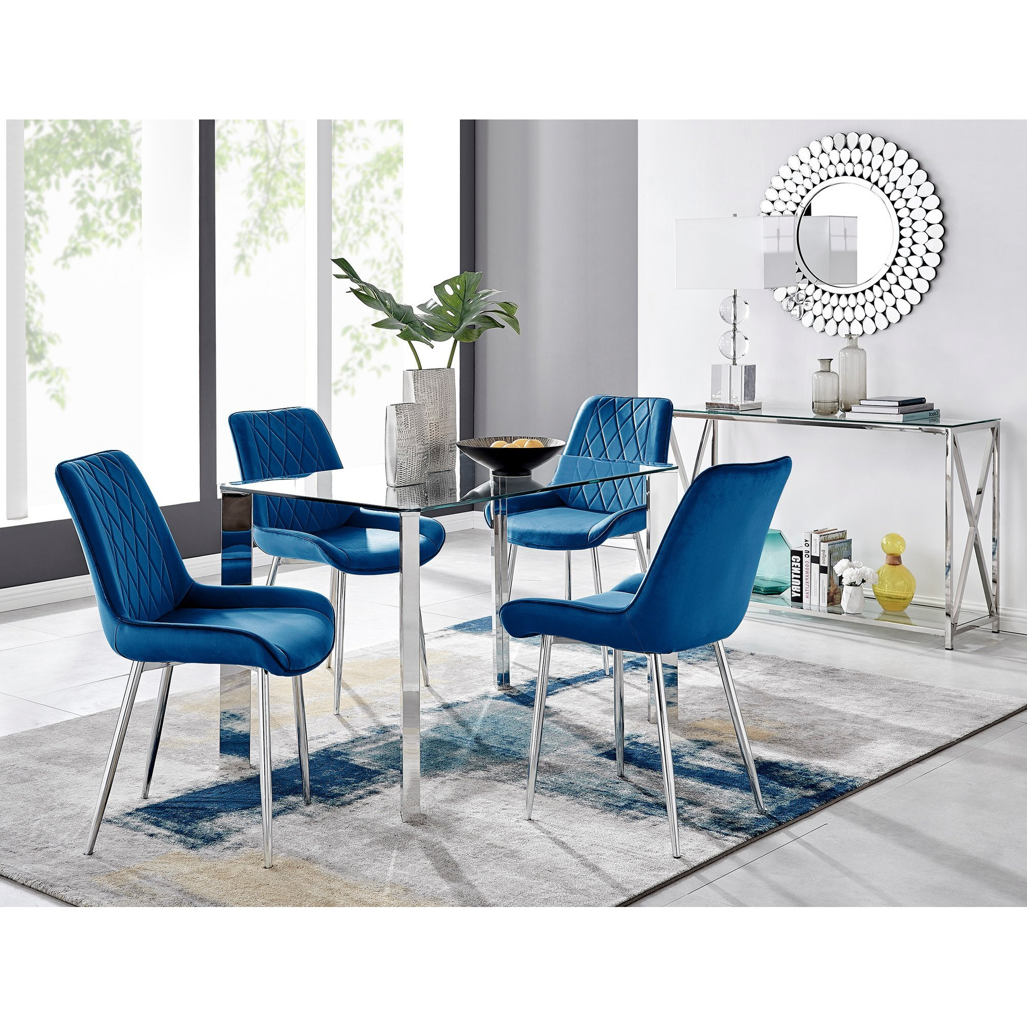 Lucia 4 Rectangular Dining Table and 4 Navy Pesaro Silver Leg Chairs by ...