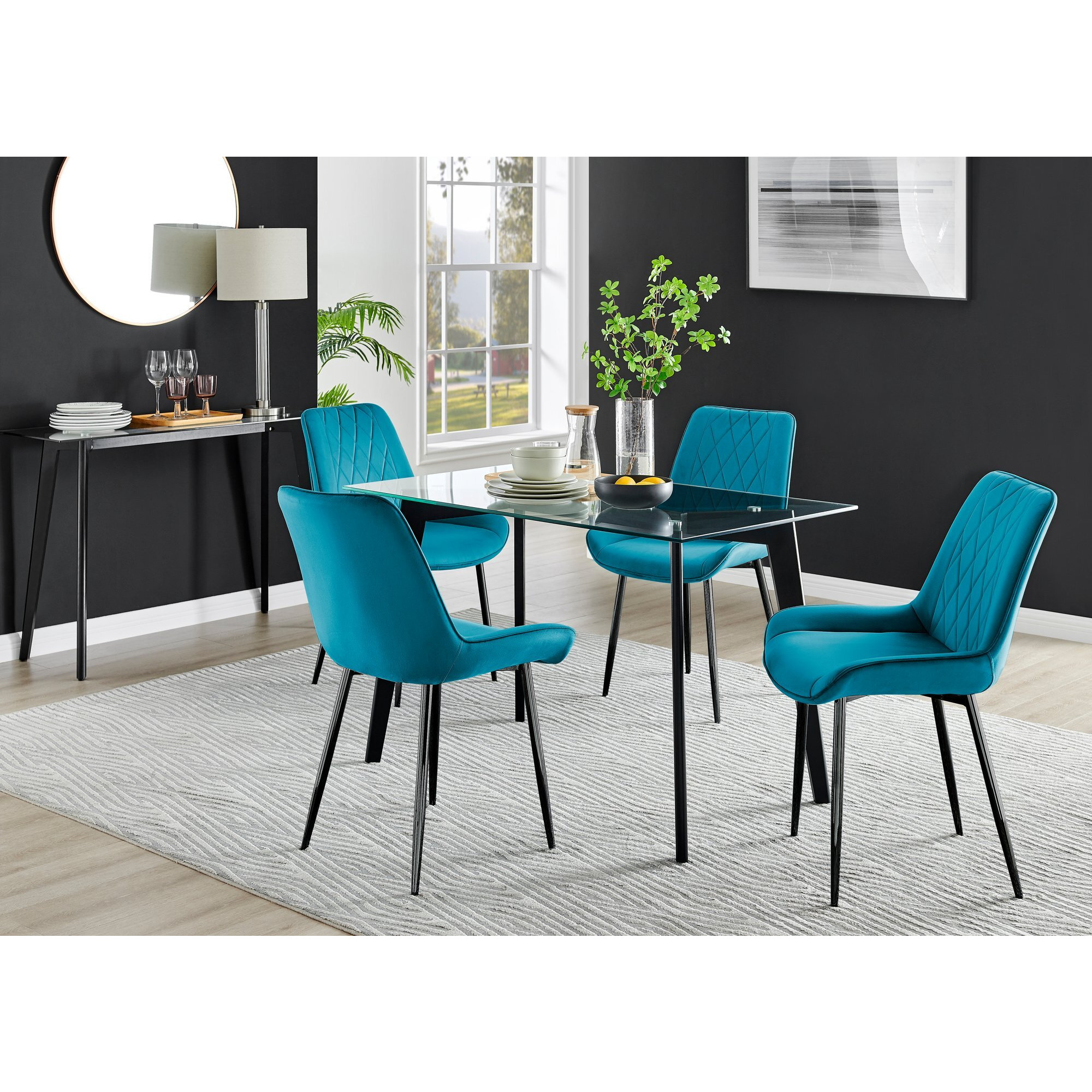 Malmo Glass and Black Leg Dining Table & 4 Pesaro Black Leg Chairs by ...