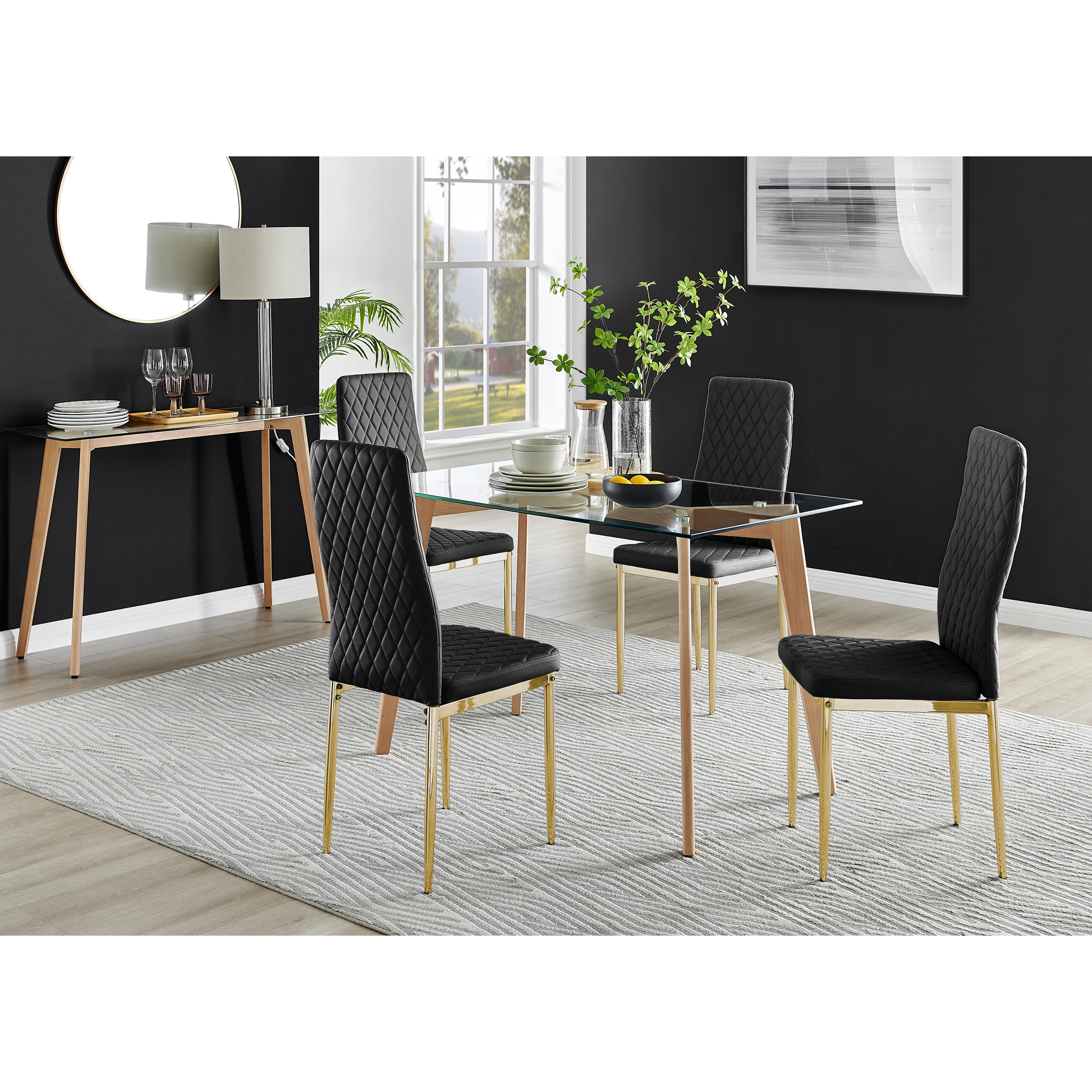 Malmo Glass and Wooden Leg Dining Table & 4 Velvet Milan Gold Leg ...