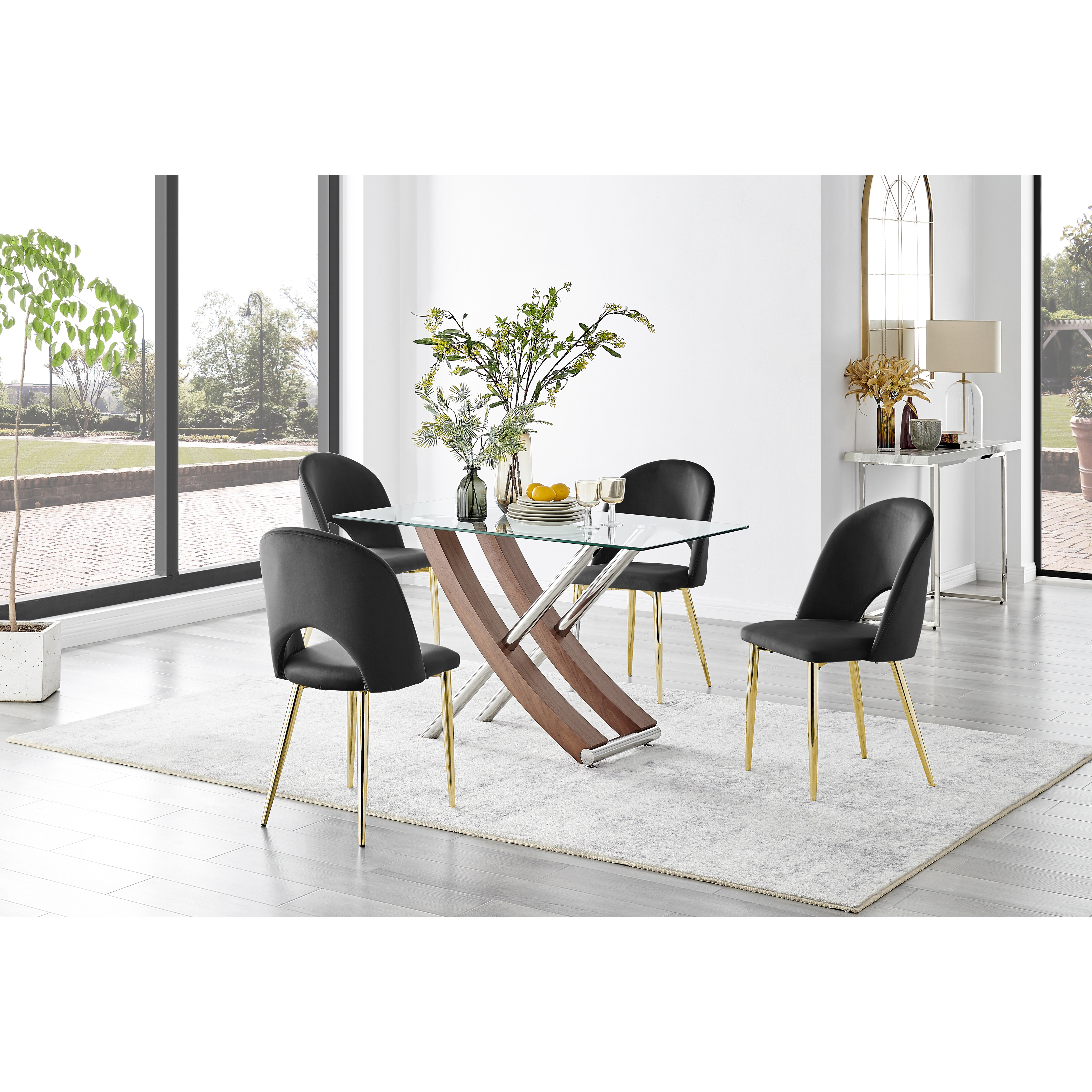 Mayfair Glass & Brown Wood Effect Dining Table & 4 Arlon Gold Leg ...