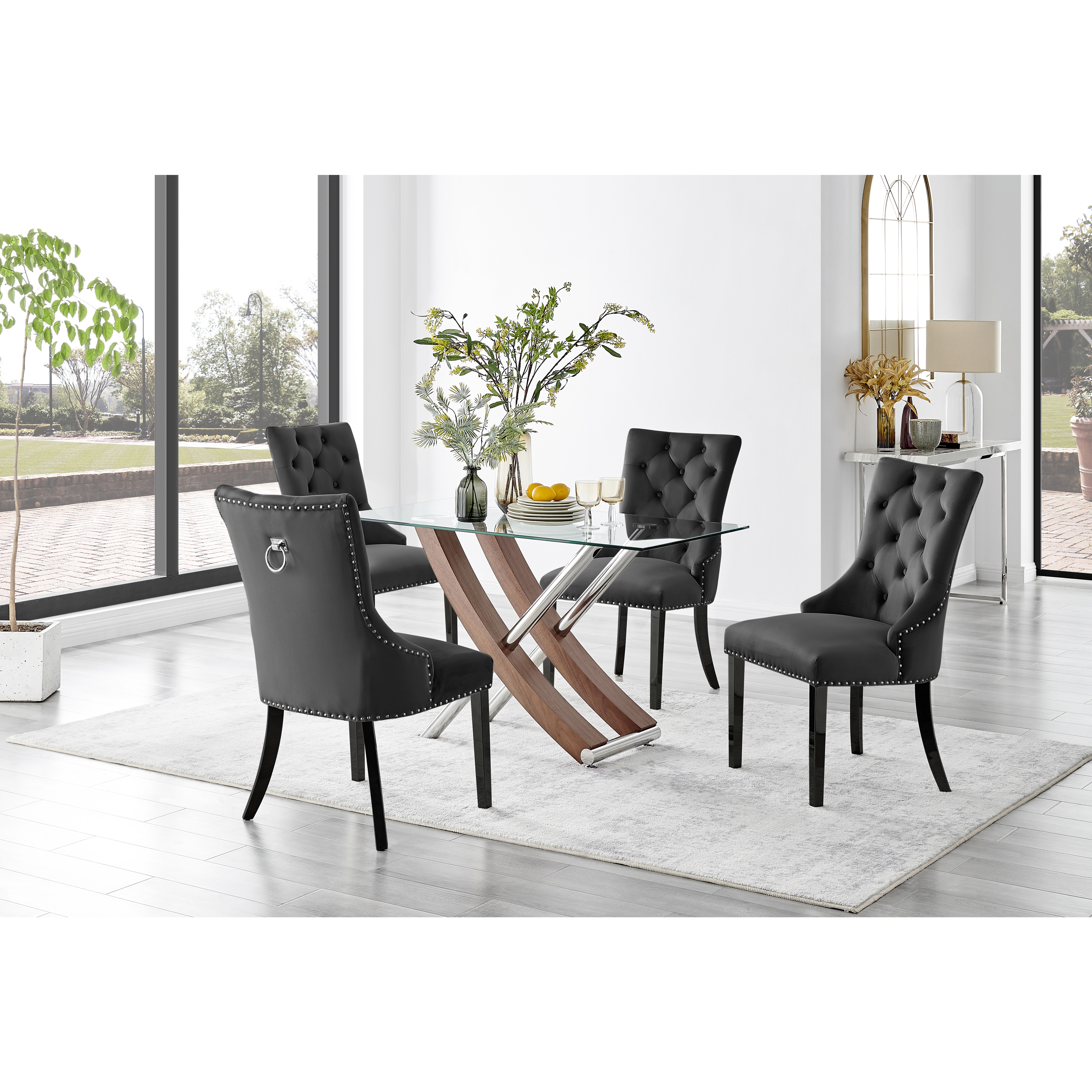 Mayfair Glass & Brown Wood Effect Dining Table & 4 Belgravia Black Leg ...