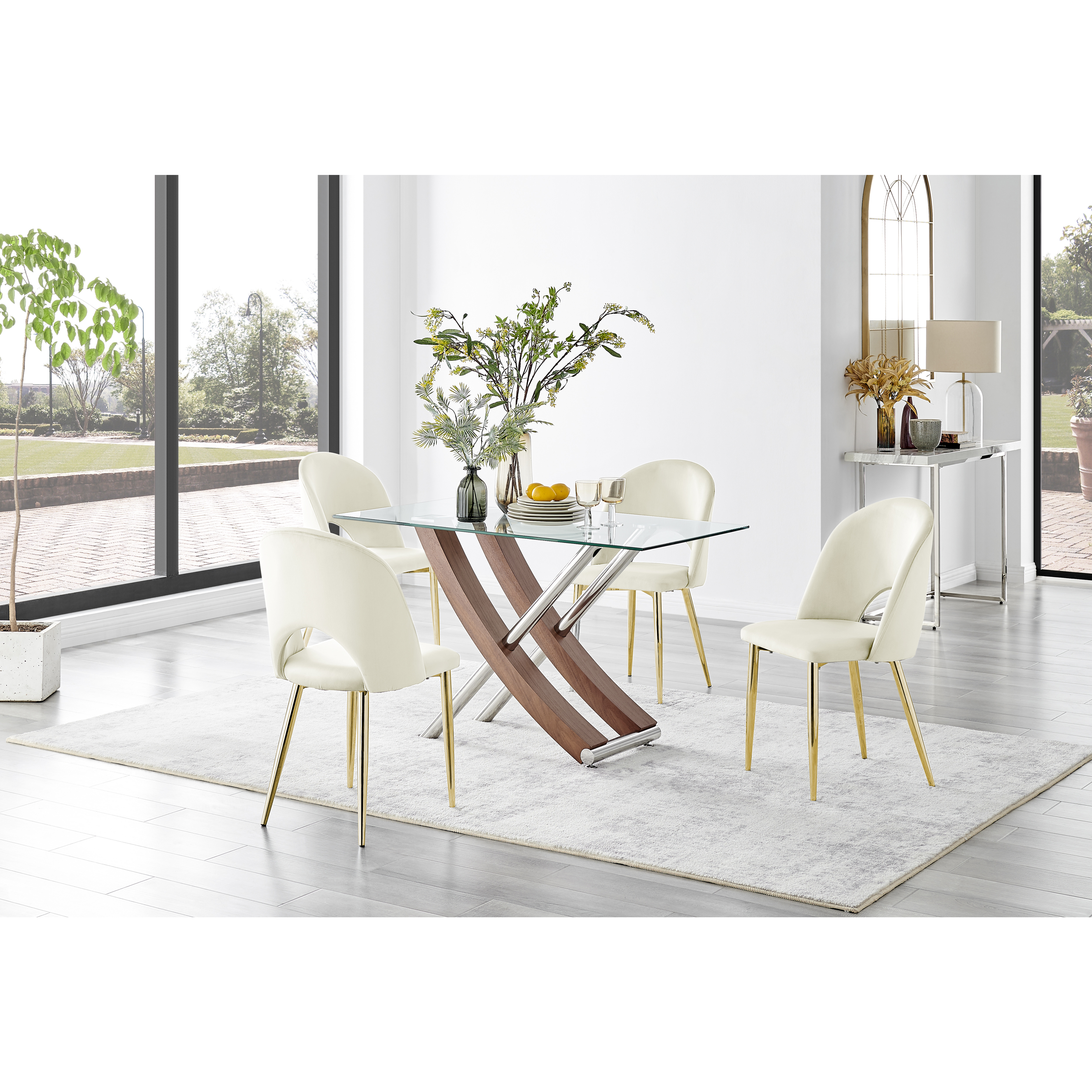 Mayfair Glass & Brown Wood Effect Dining Table & 4 Arlon Gold Leg ...