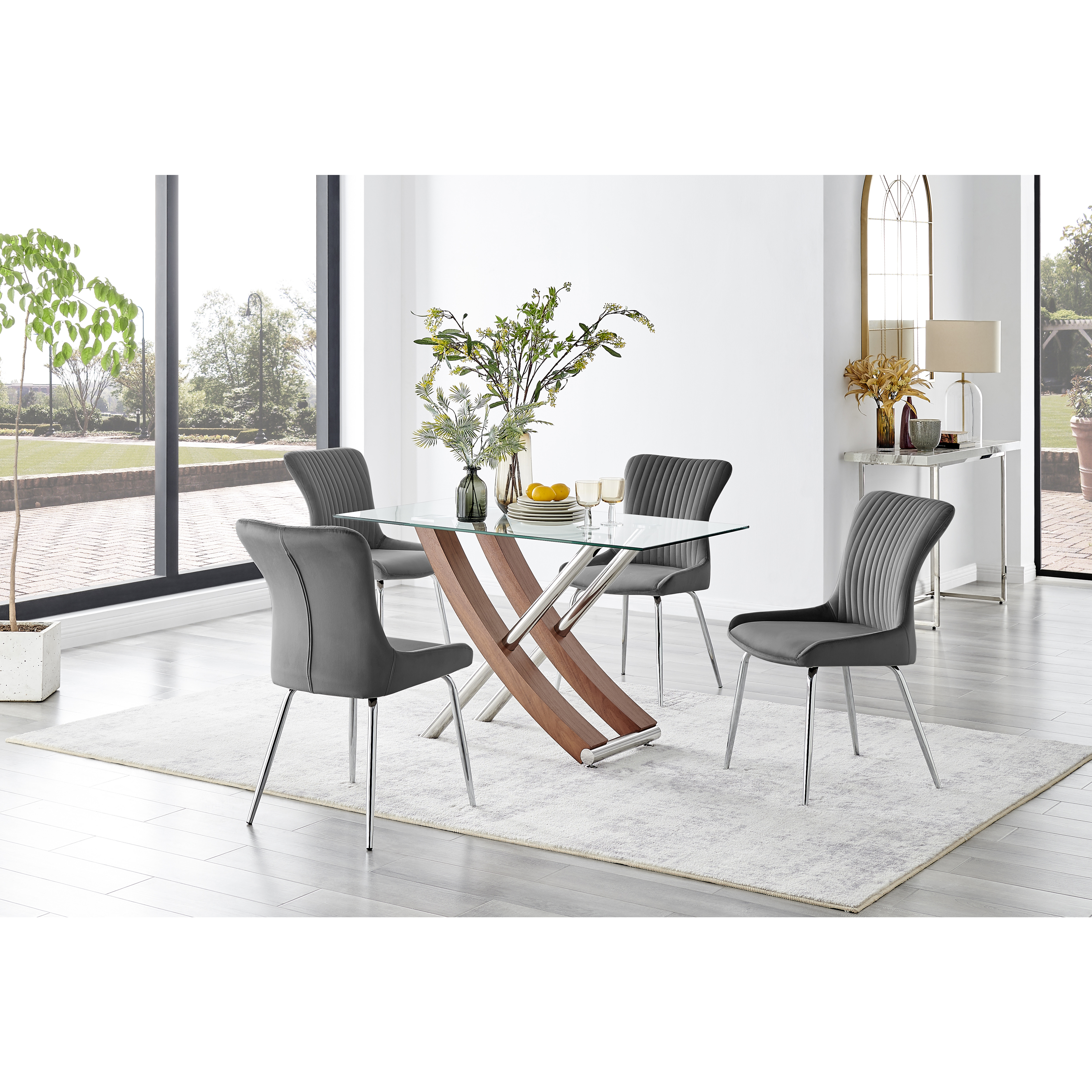 Mayfair Glass & Brown Wood Effect Dining Table & 4 Nora Silver Leg ...