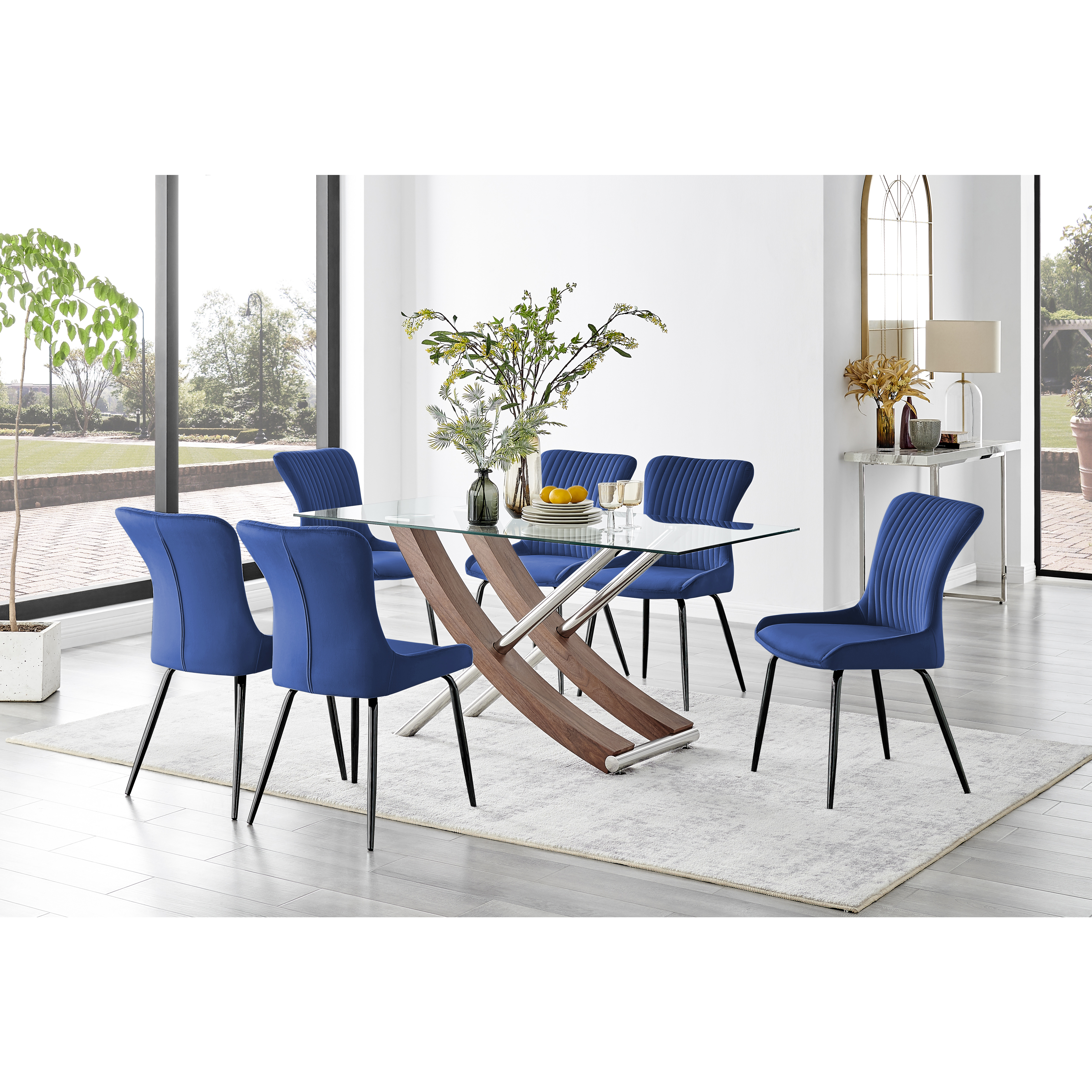 Mayfair Glass & Brown Wood Effect Dining Table & 6 Nora Black Leg ...