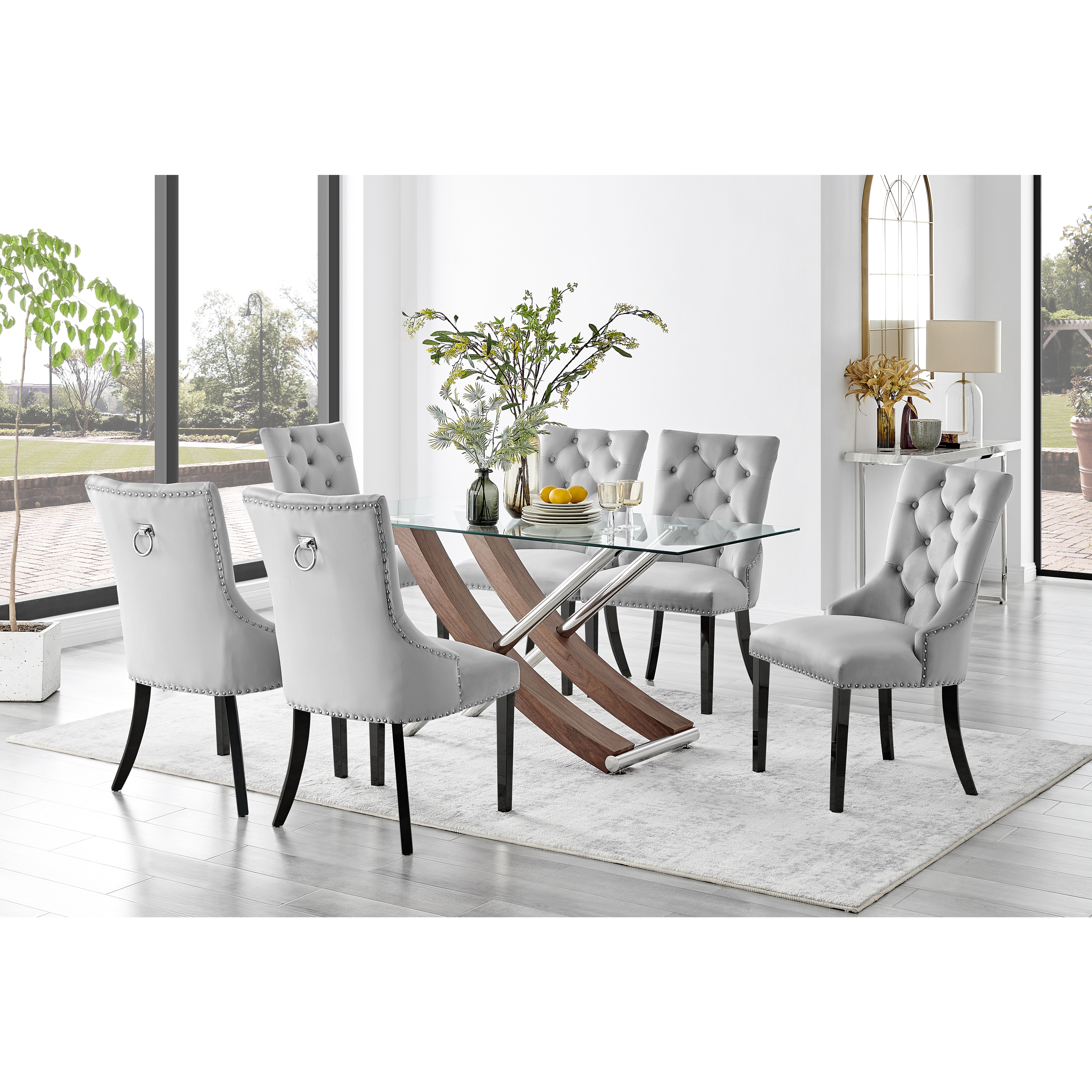 Mayfair Glass & Brown Wood Effect Dining Table & 6 Belgravia Black Leg ...