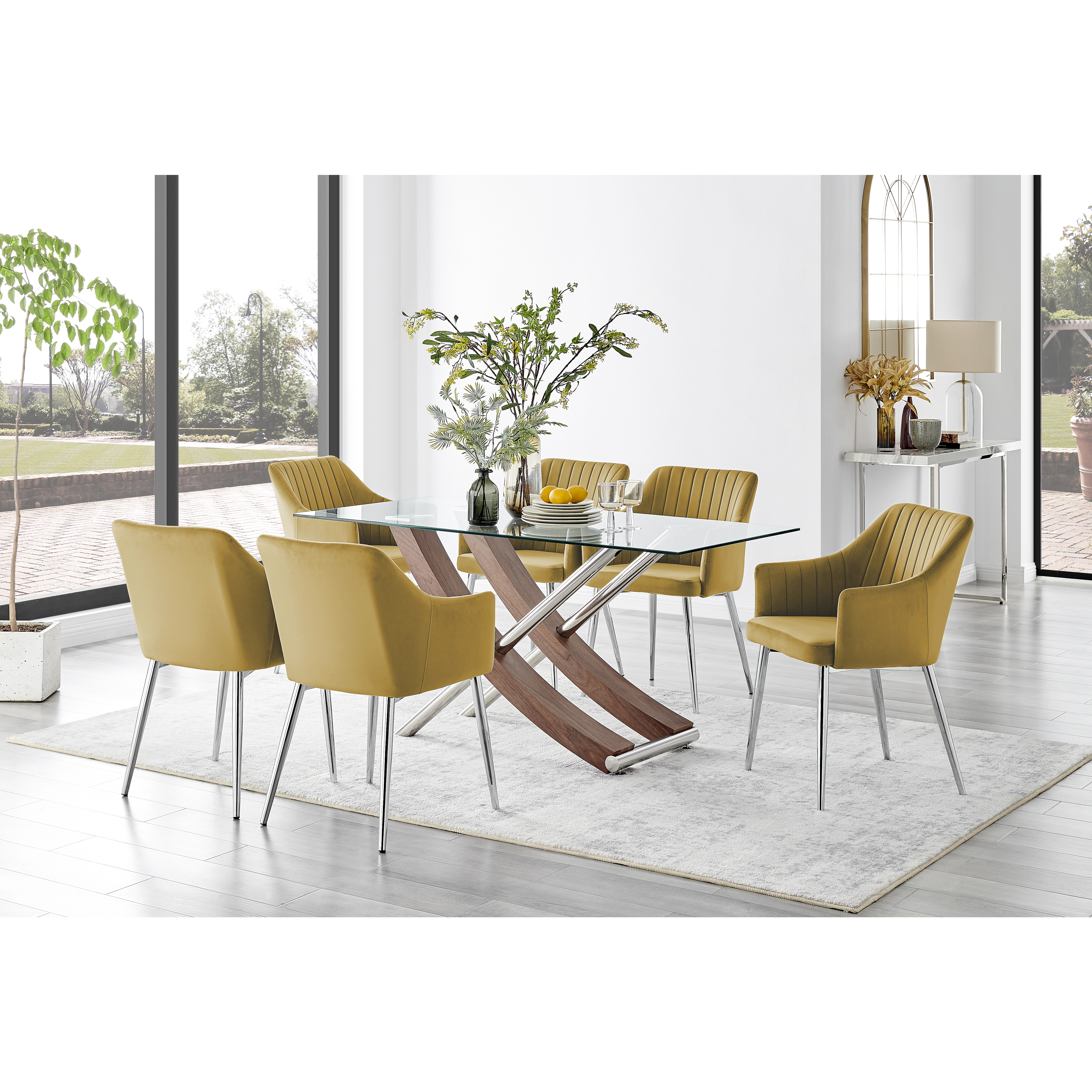 Mayfair Glass & Brown Wood Effect Dining Table & 6 Calla Silver Leg ...