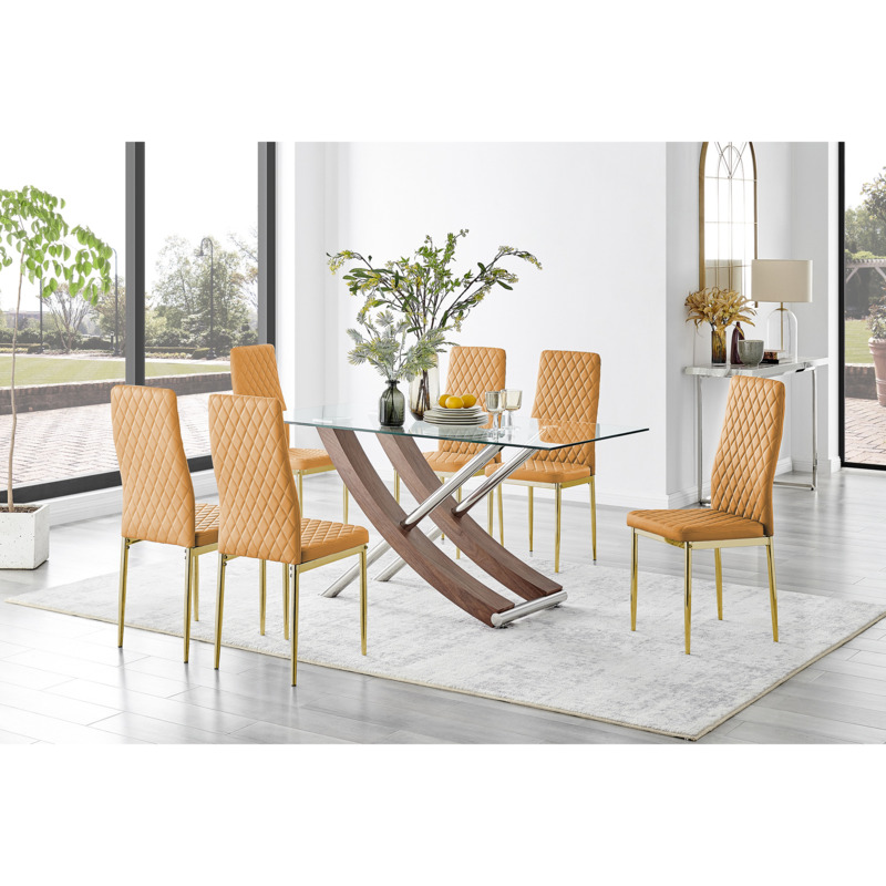 Mayfair Glass & Brown Wood Effect Dining Table & 6 Mustard Milan Gold ...