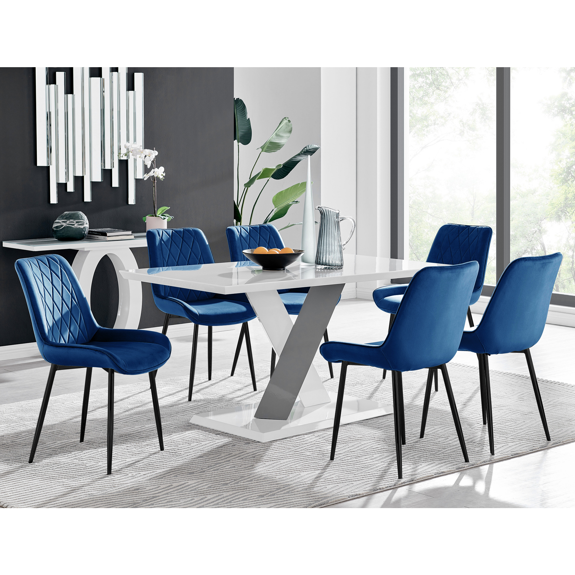 Monza 6 White/Grey Dining Table & 6 Pesaro Black Leg Chairs by ...