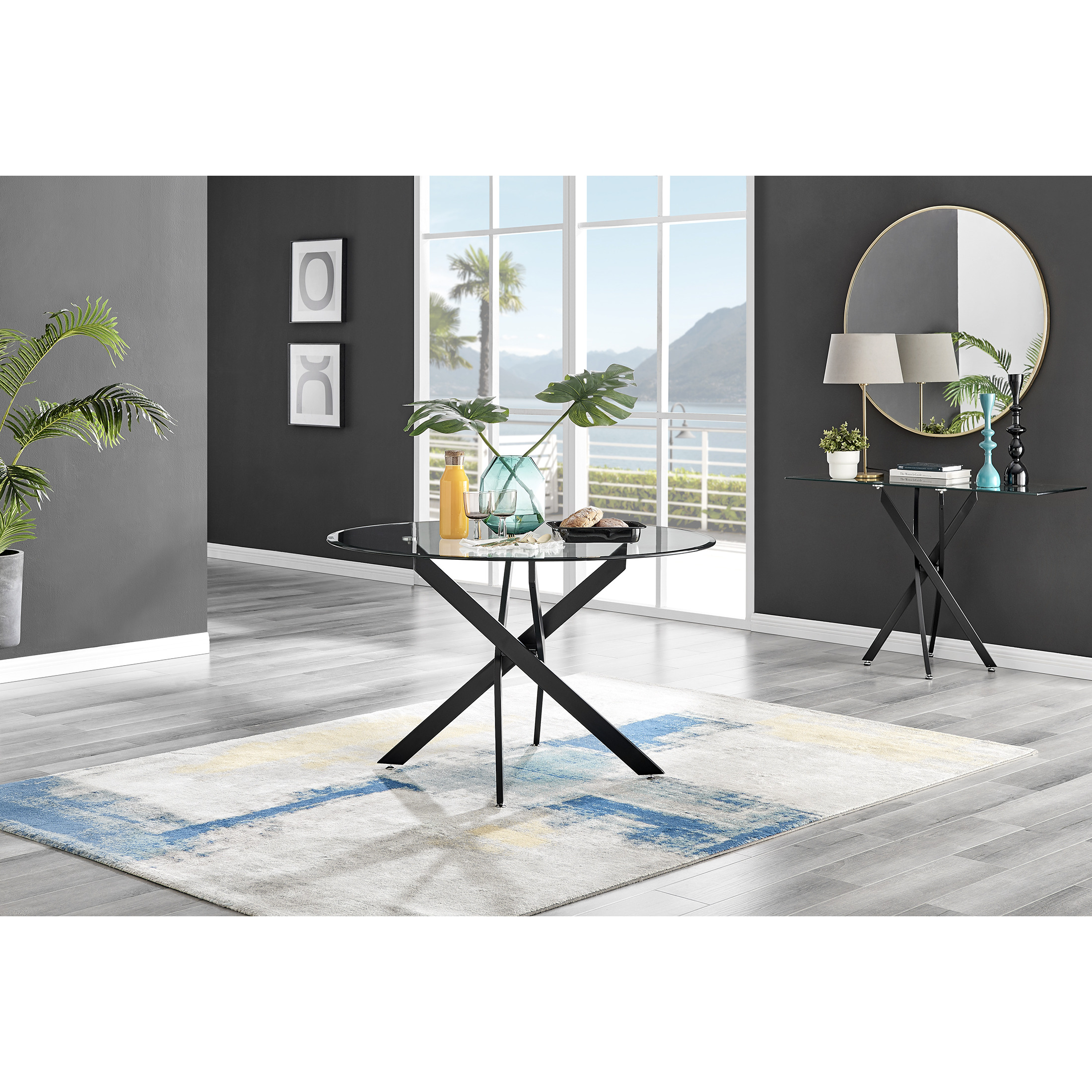 Novara Black Leg Round Glass Dining Table & 4 Black Calla Silver Leg Chairs by FurnitureBox ...