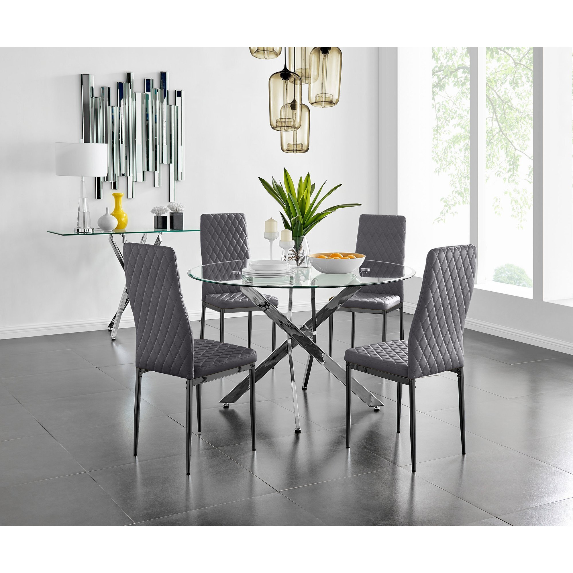 Novara 120cm Round Dining Table and 4 Velvet Milan Black Leg Chairs by ...