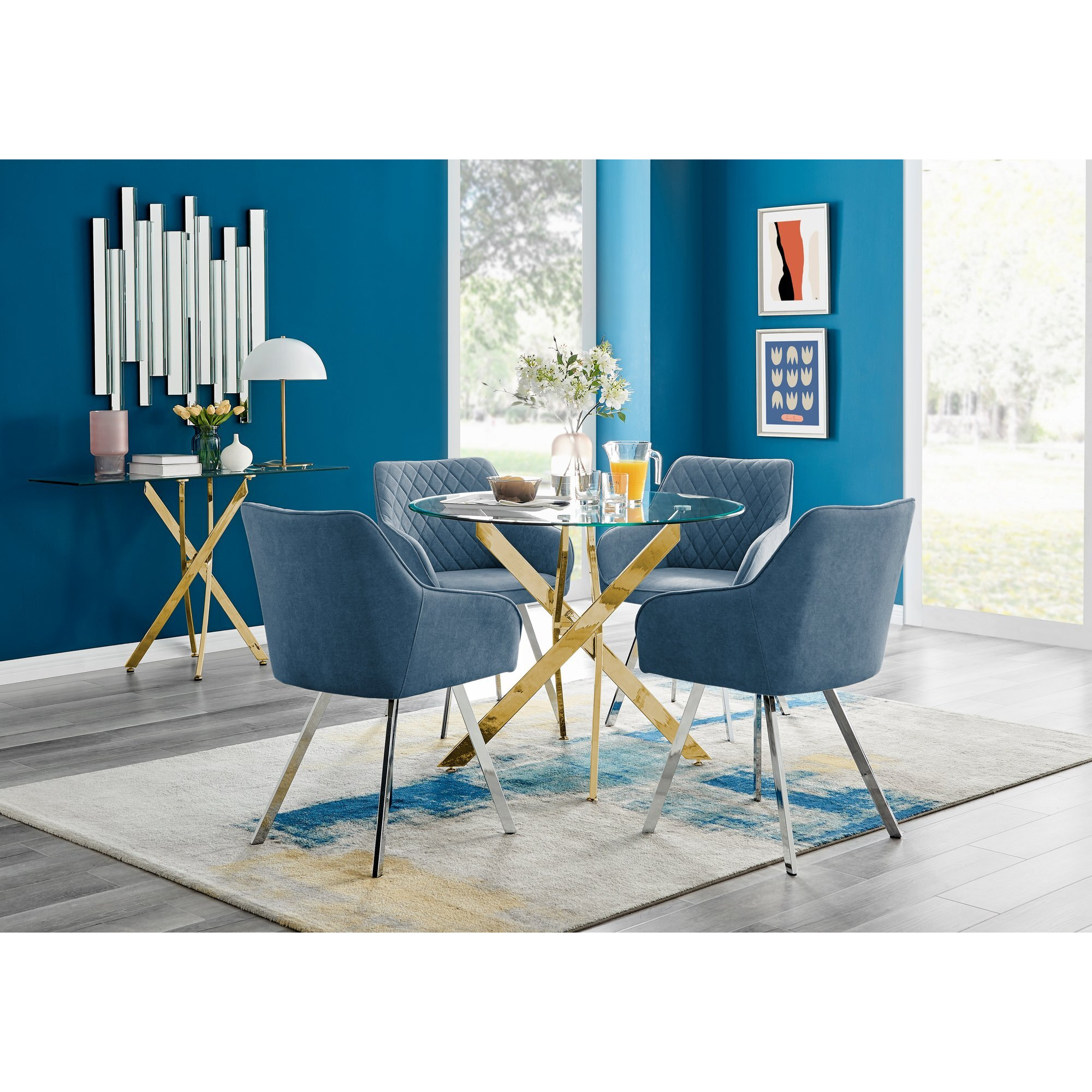 Novara Gold Leg Round Glass Dining Table & 4 Falun Silver Leg Chairs by ...