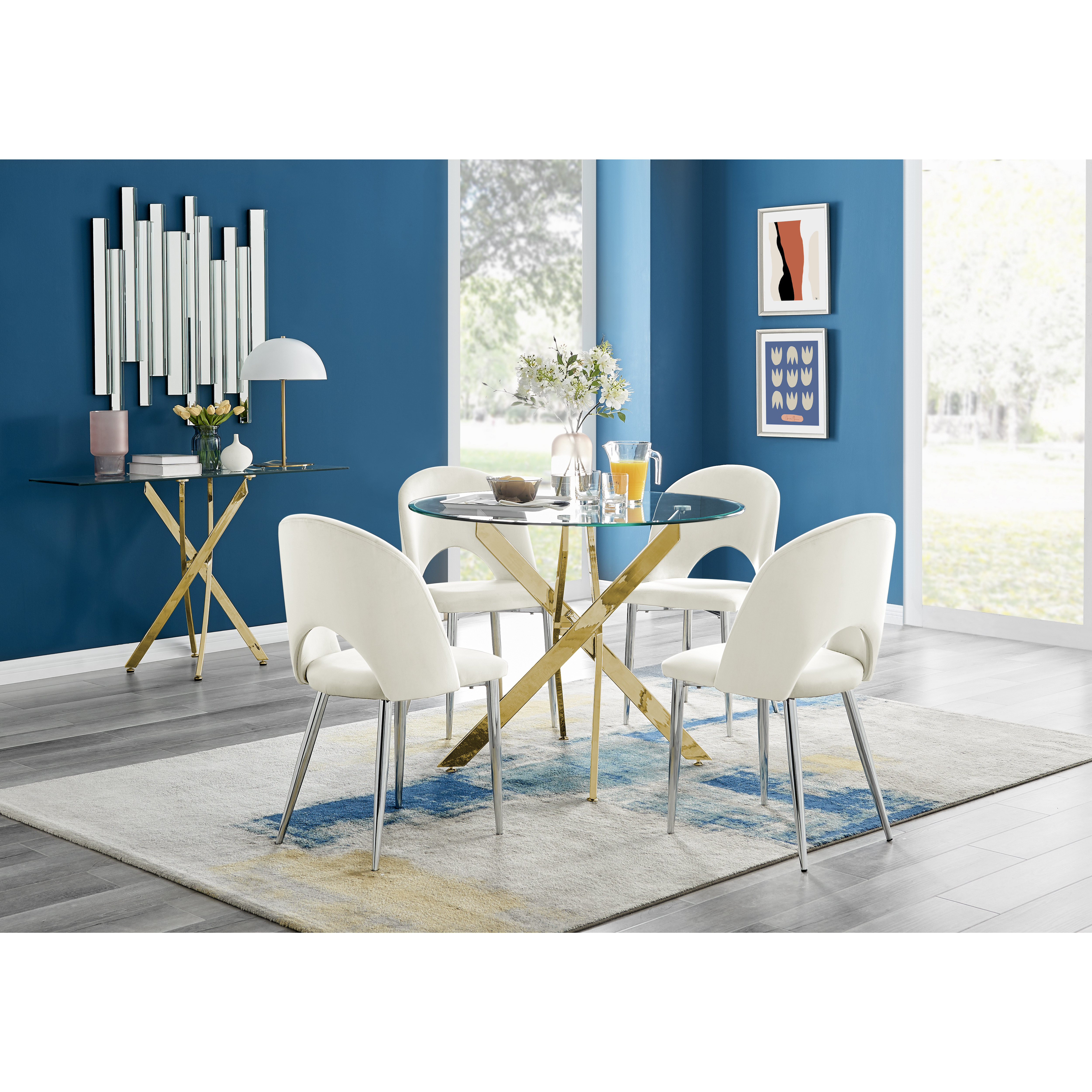 Novara Gold Leg Round Glass Dining Table & 4 Arlon Silver Leg Chairs by ...