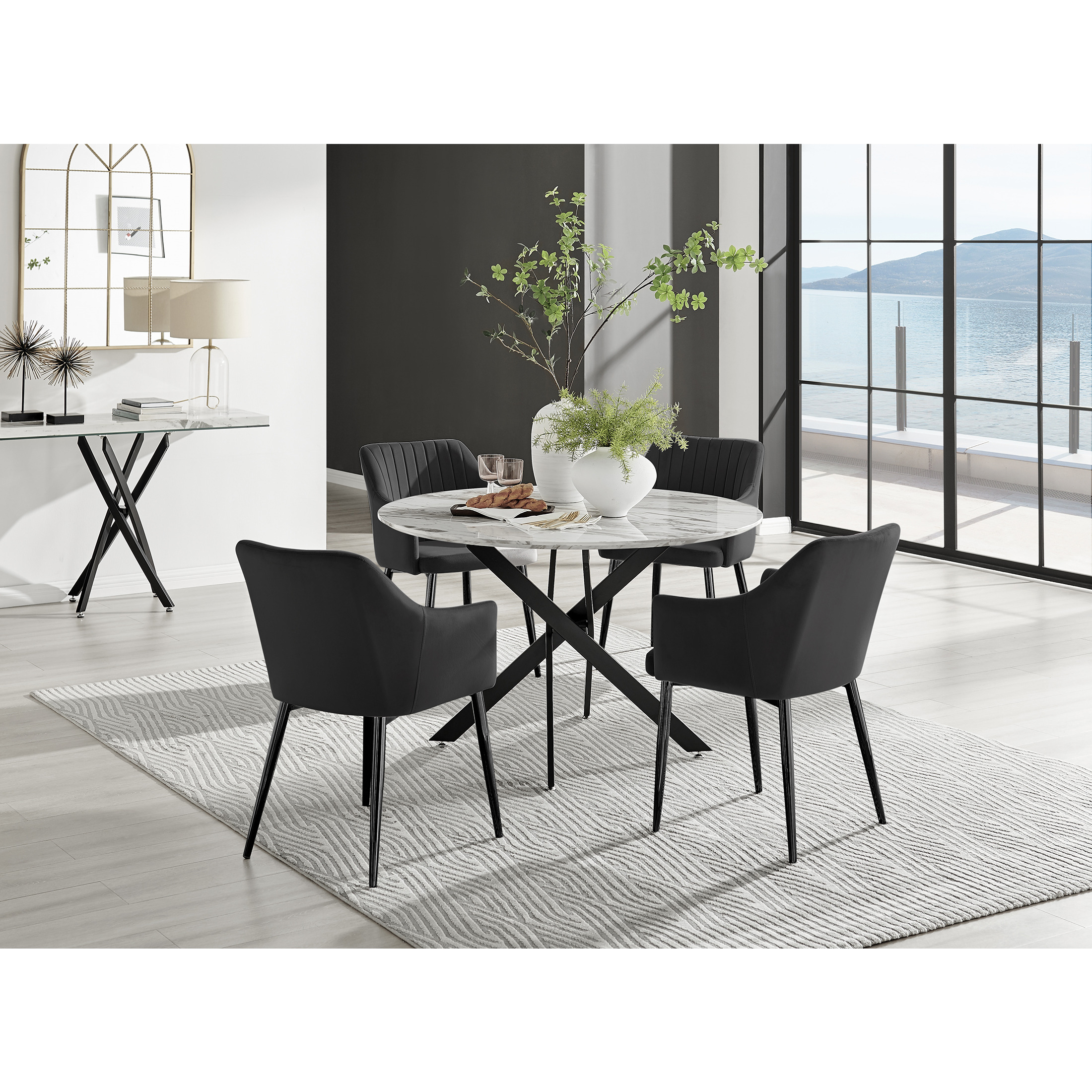 Novara White Marble Black Leg 120cm Round Dining Table & 4 Calla Black ...