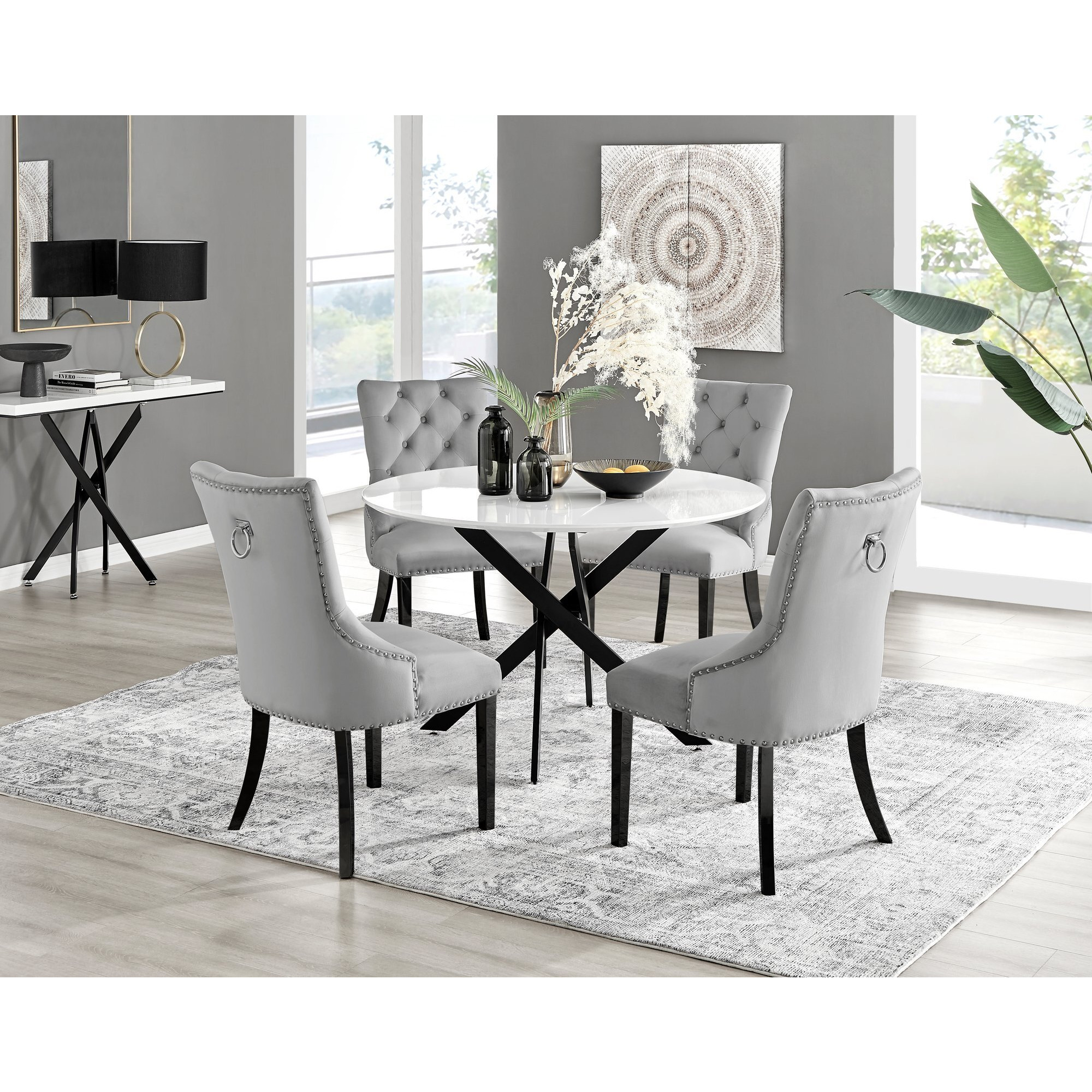 Novara White Gloss Black Leg 120cm Round Dining Table & 4 Belgravia ...