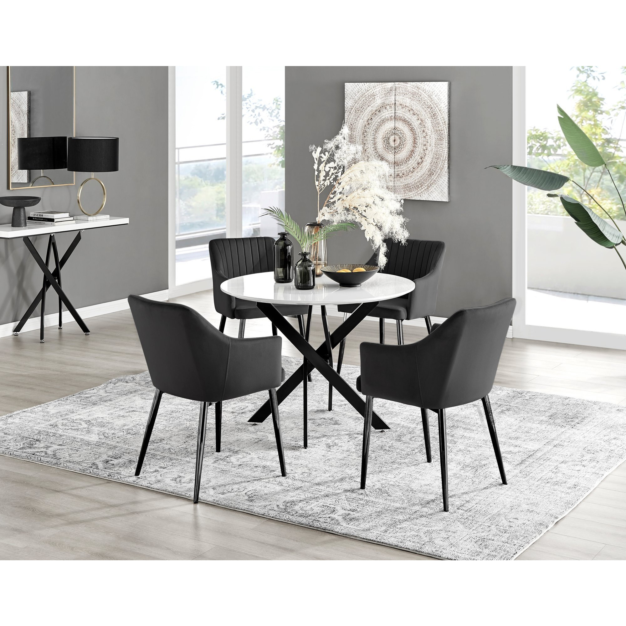 Novara White Gloss Black Leg Round Dining Table & 4 Calla Black Leg ...