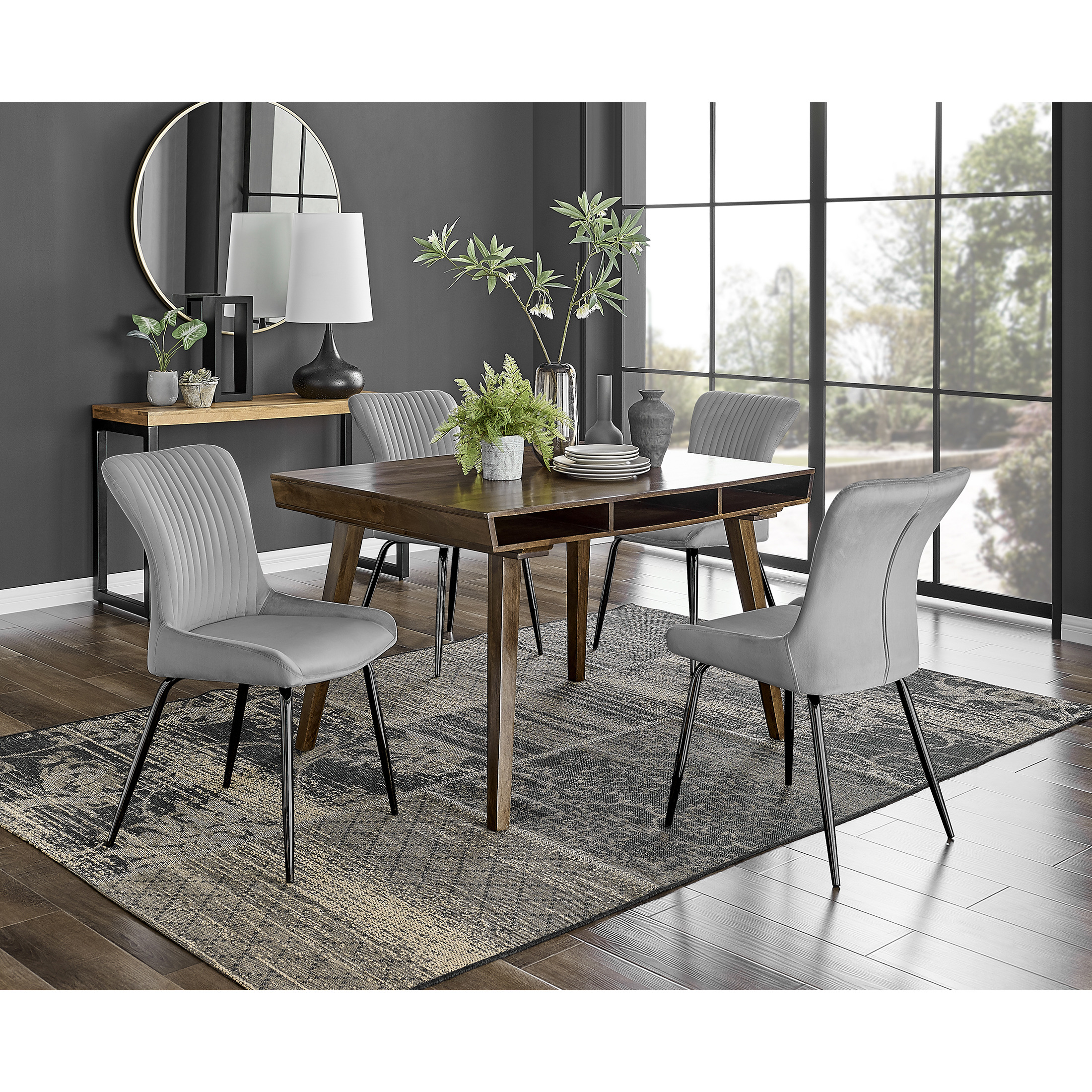 Otto Dark Walnut Solid Wood Dining Table & 4 Nora Black Leg Chairs ...