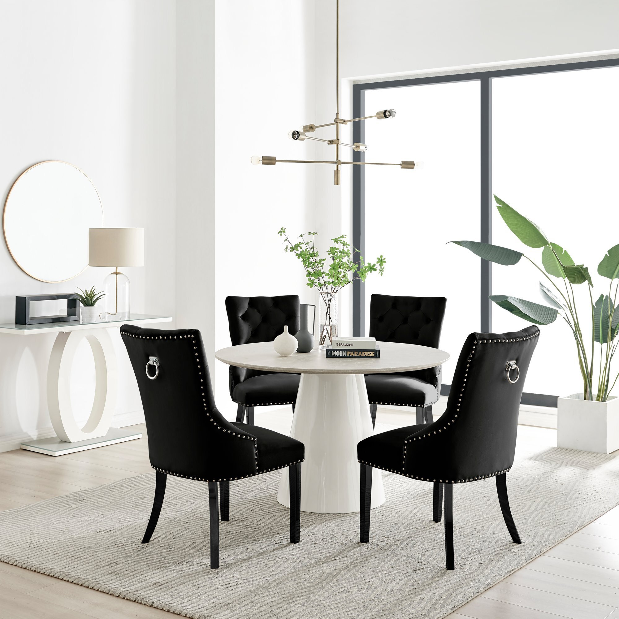 Palma Beige Stone Effect Round Dining Table & 4 Belgravia Black Leg ...