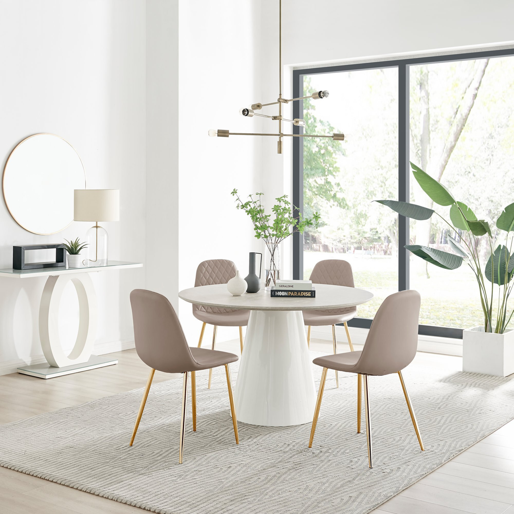 Palma Beige Stone Effect Round Dining Table & 4 Corona Gold Leg Chairs ...