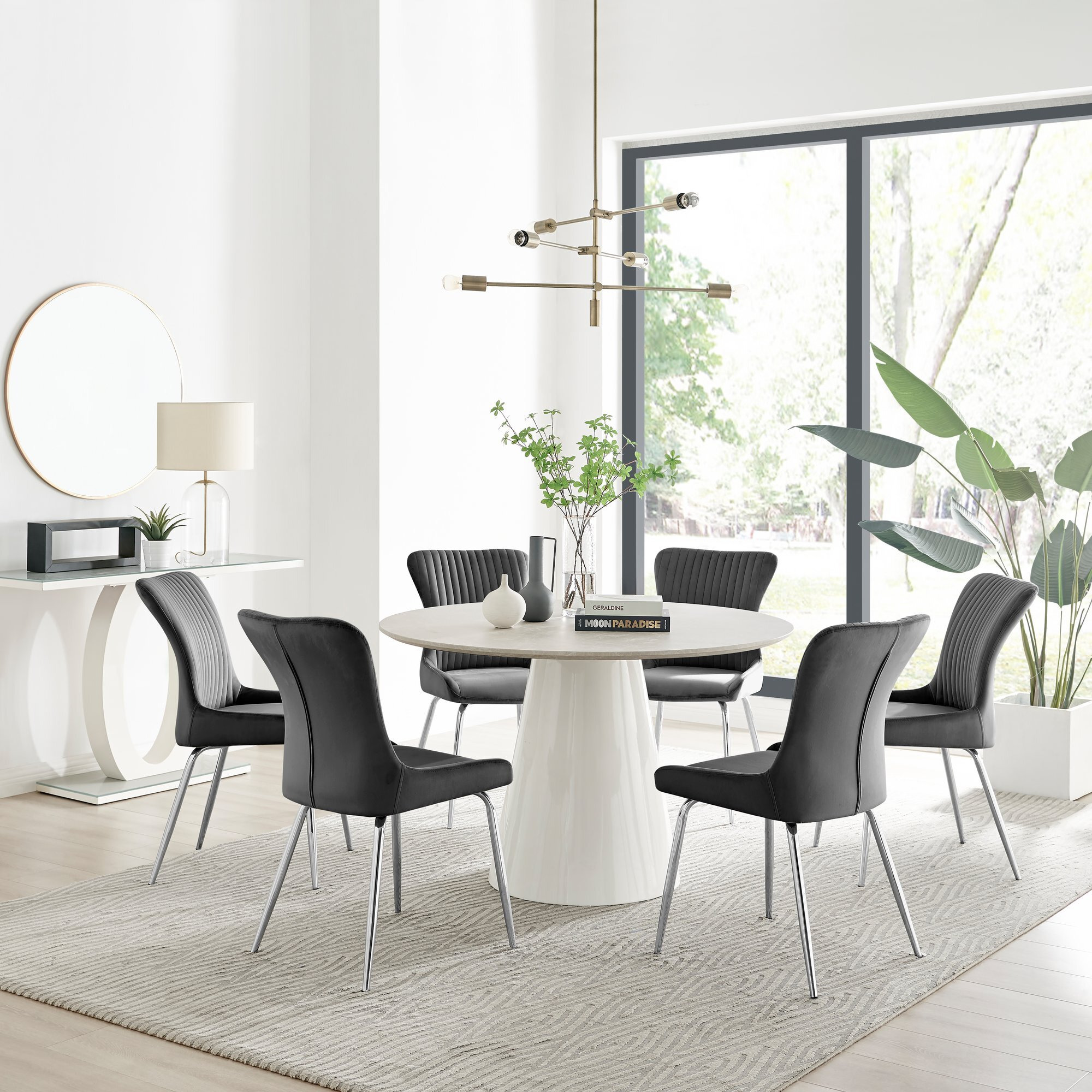 Palma Beige Stone Effect Round Dining Table & 6 Nora Silver Leg Chairs by FurnitureBox ...