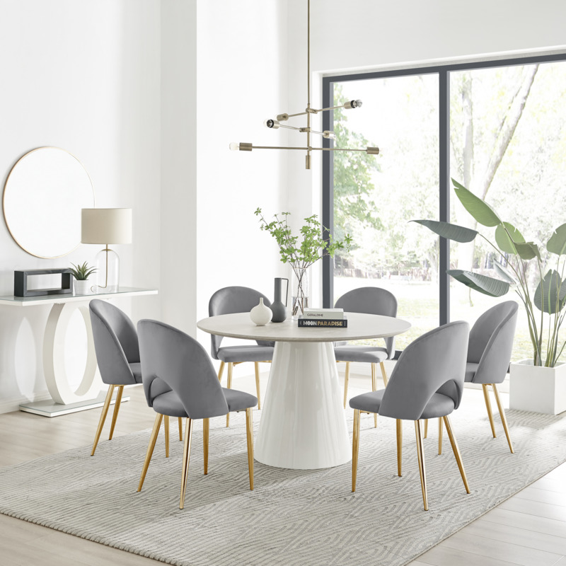Palma Beige Stone Effect Round Dining Table & 6 Arlon Gold Leg Chairs ...