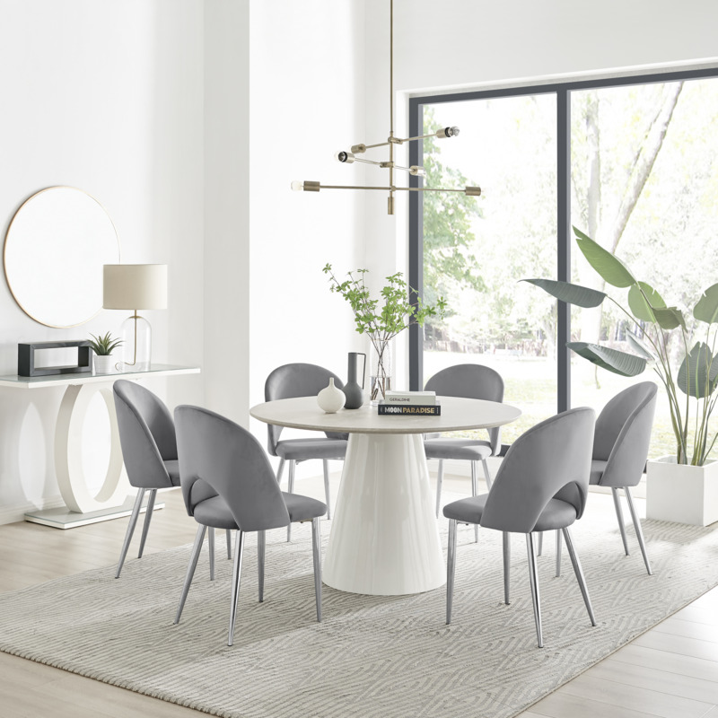 Palma Beige Stone Effect Round Dining Table & 6 Arlon Silver Leg Chairs ...
