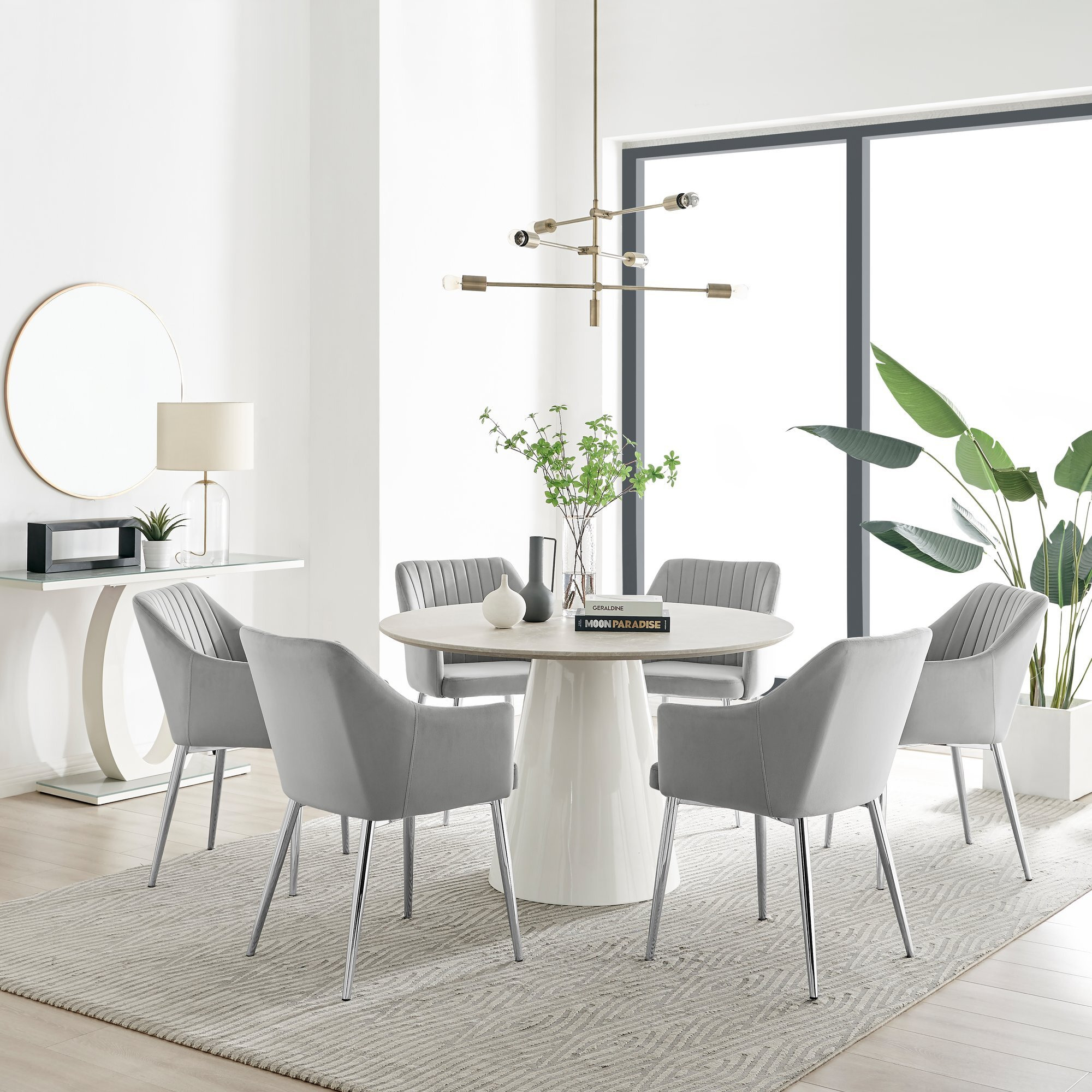 Palma Beige Stone Effect Round Dining Table & 6 Calla Silver Leg Chairs ...