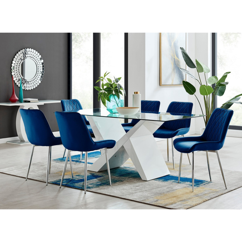 Torino Large Rectangular Dining Table and 6 Navy Pesaro Silver Leg ...