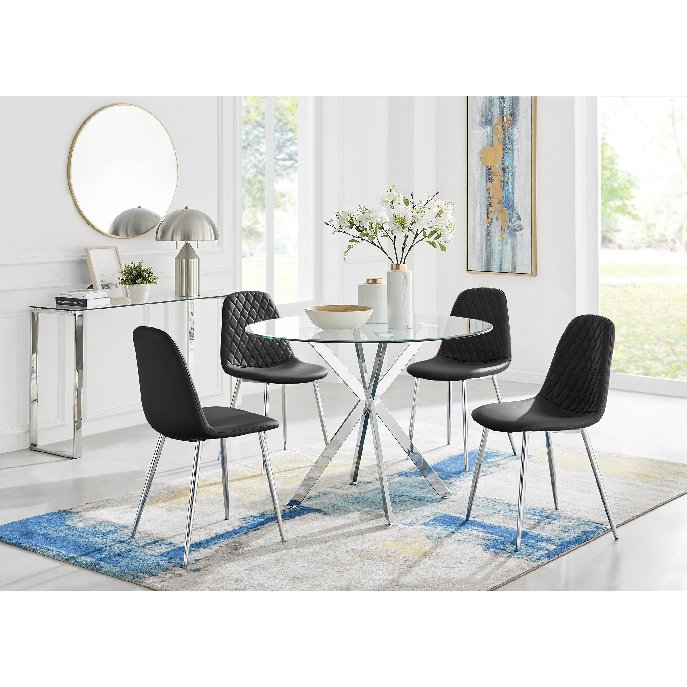 Venice Round Glass Chrome Table And 4 Corona Silver Leg Chairs Set by ...