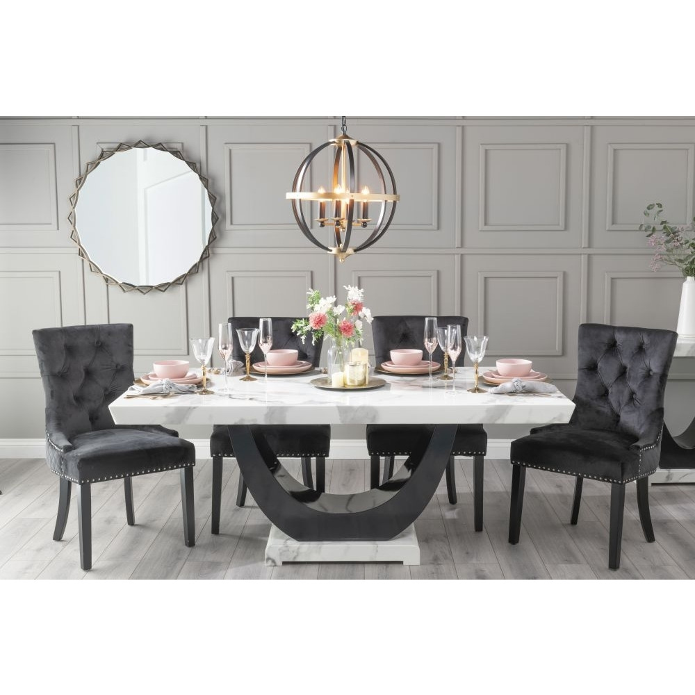 Monterey 200cm White Marble Dining Table with 6 Black Knockerback ...