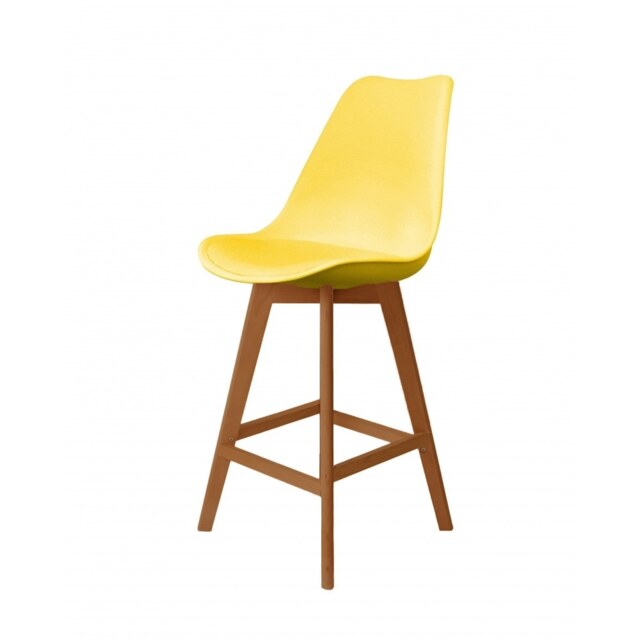 Fusion Living Soho Yellow Plastic Bar Stool with Medium Wood Legs by ...